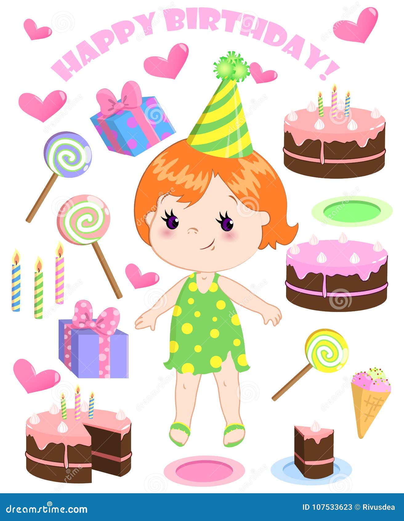 Set of Vector Birthday Cartoon Party Elements and a Cute Girl. Stock ...