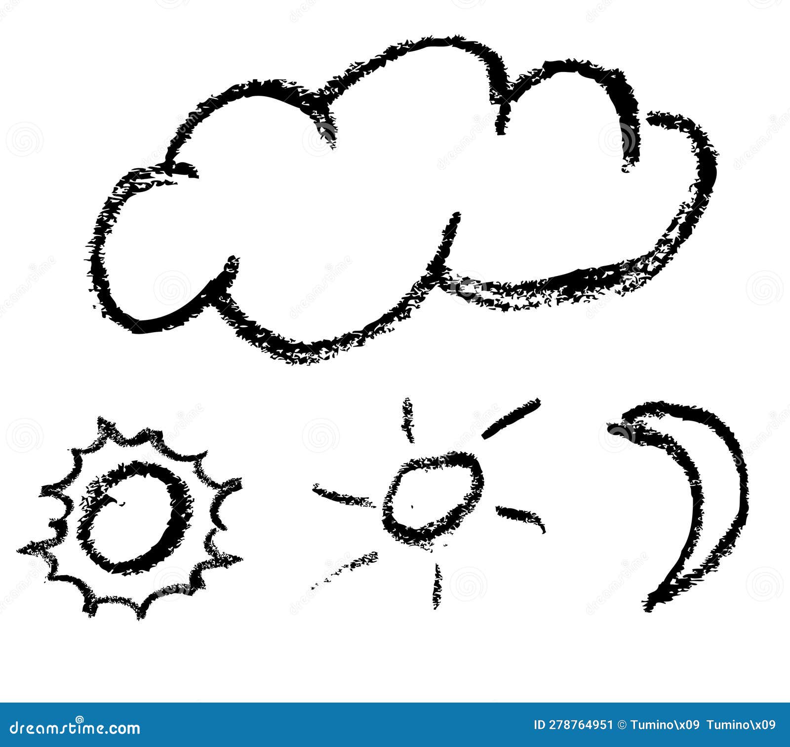 Set Vector Black Crayon Effect Cloud, Sun and Moon. Isolated on White ...