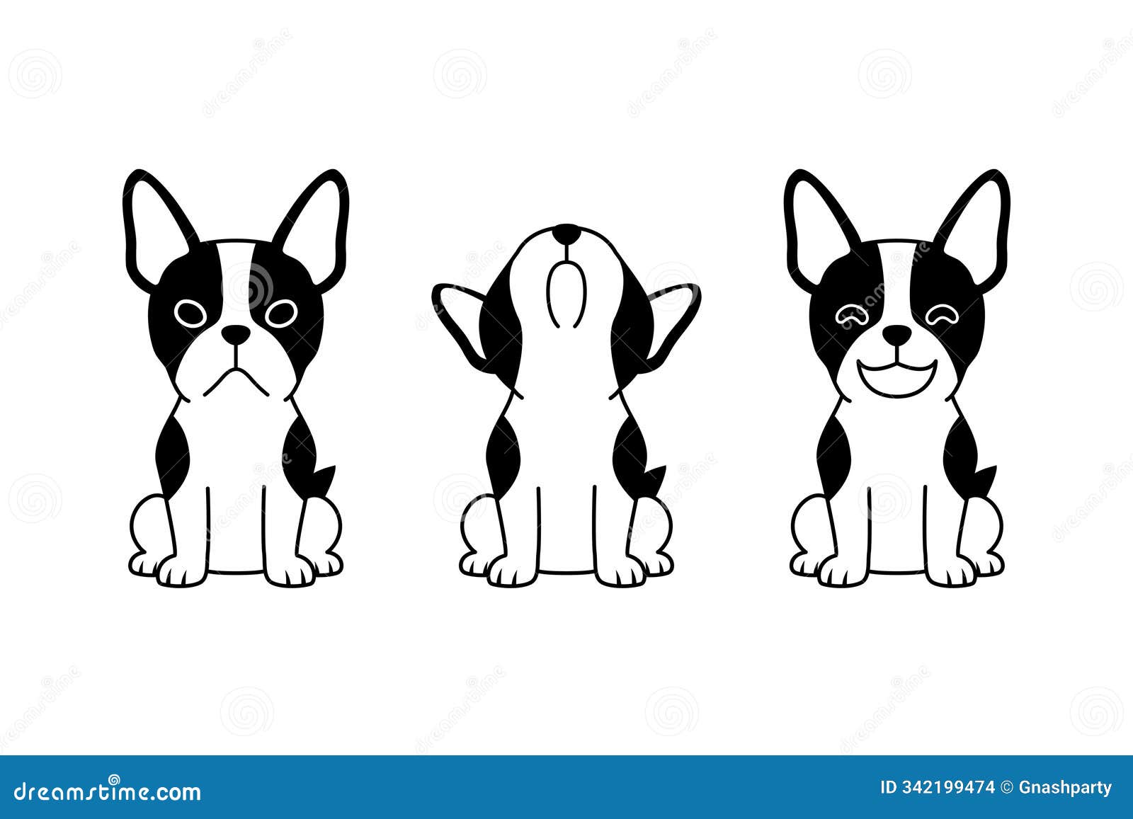 Set of Vector Black and White Cartoon Character Boston Terrier Dog ...