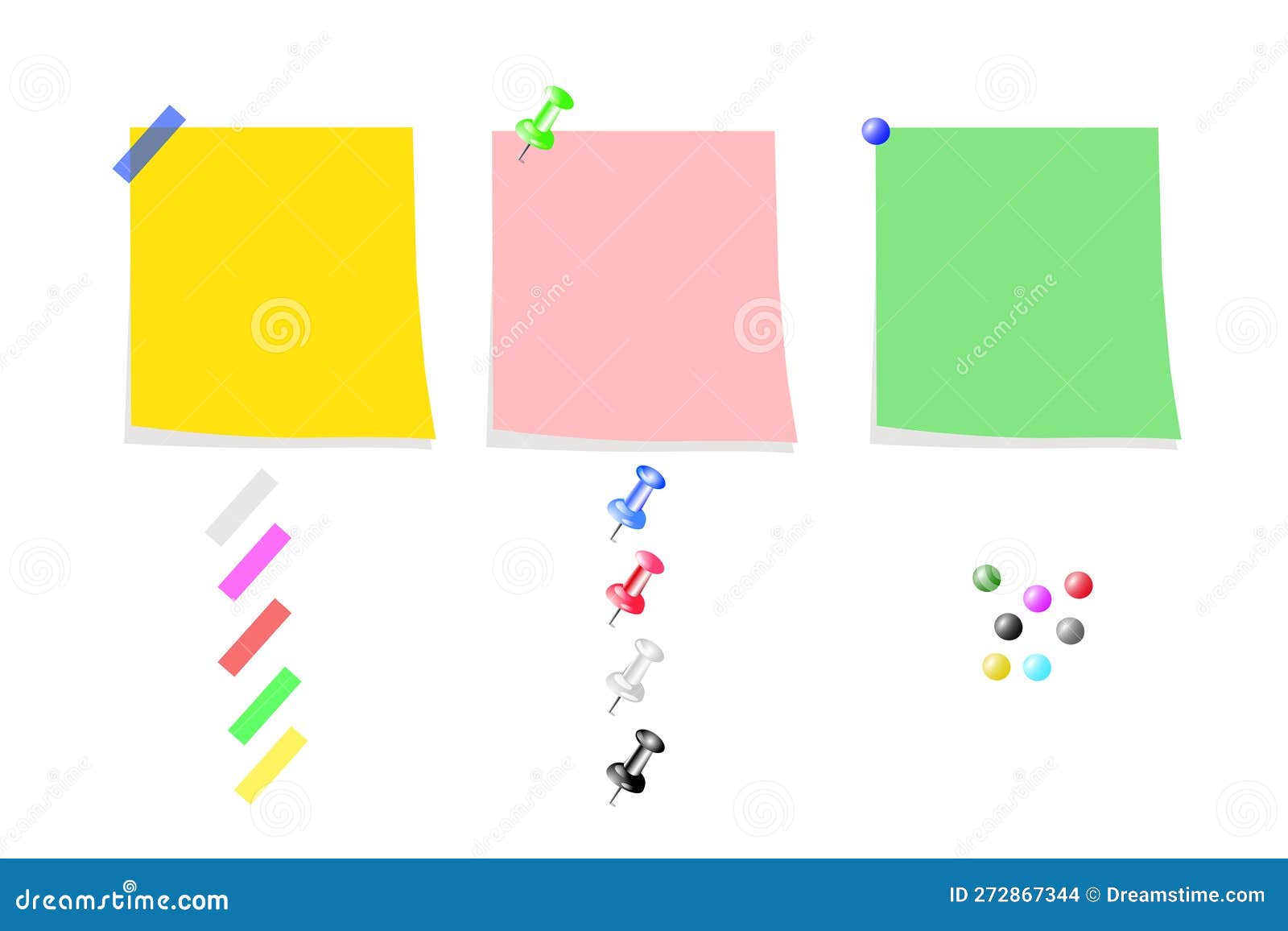 Set 3 Vector Blank Paper Note, Tape and Push Pin, Isolated on White ...