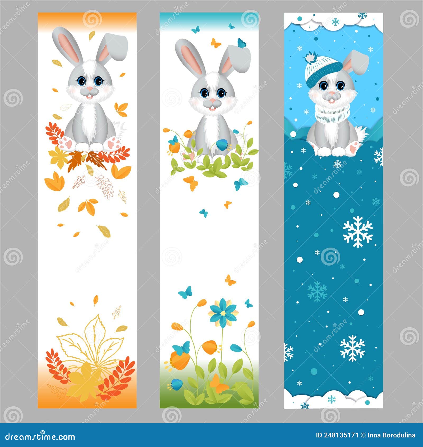 Set of Vector Bookmarks. Cute Little Rabbit in Different Seasons. Stock ...
