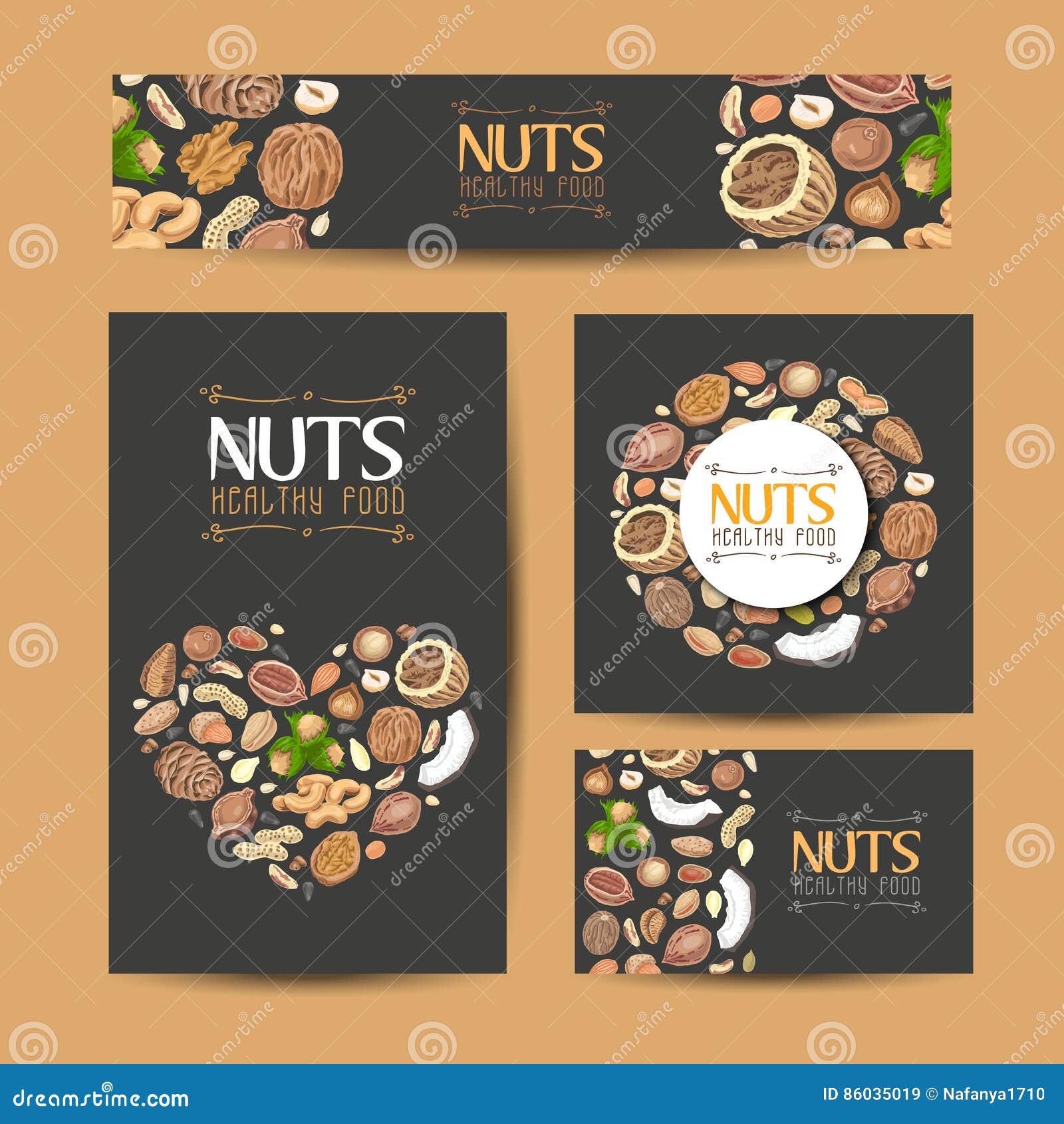 Cards With Nuts Food, Pecan And Nutmeg, Hazel Cartoon Vector ...