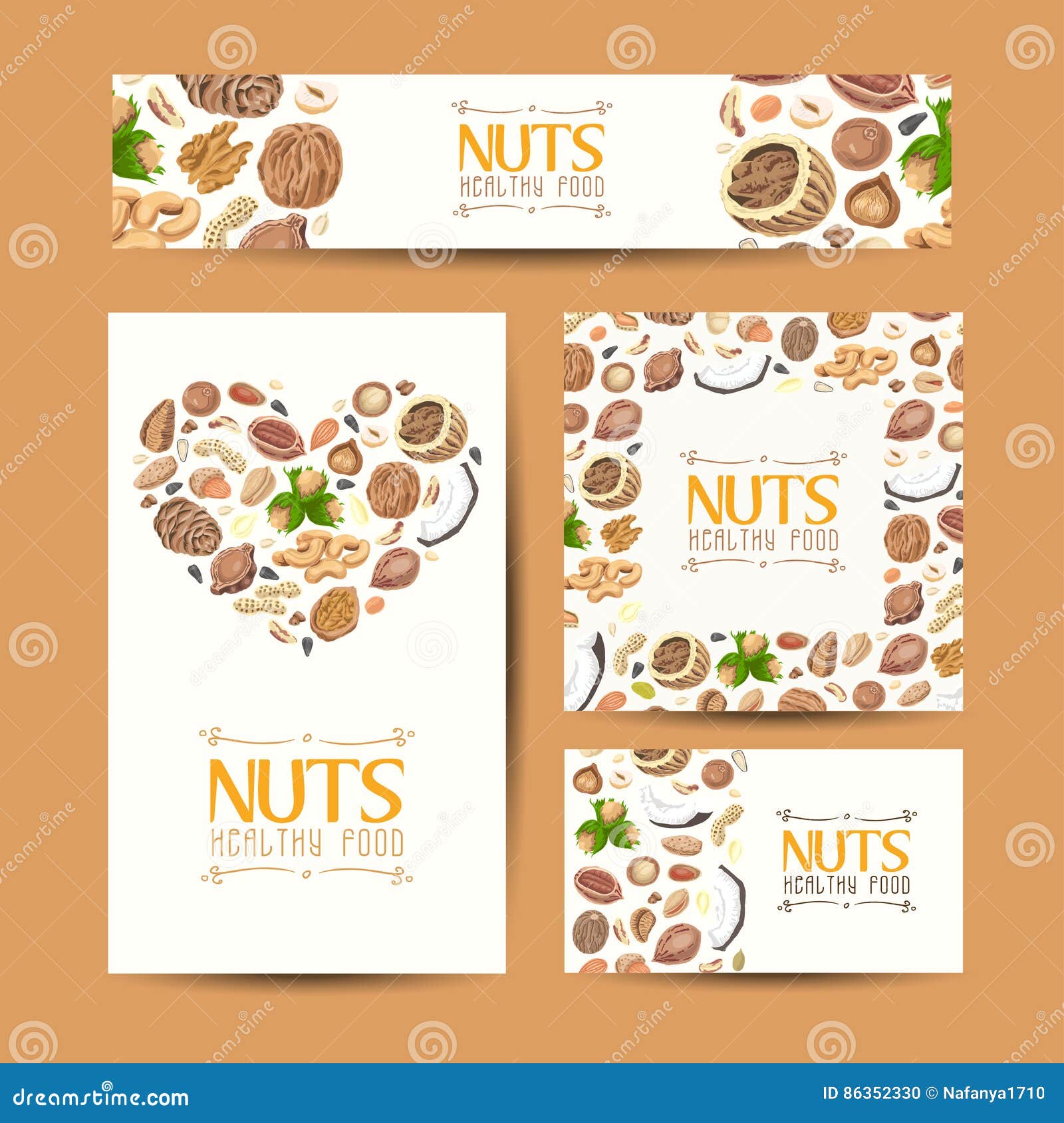 Cards With Nuts Food, Pecan And Nutmeg, Hazel Cartoon Vector ...
