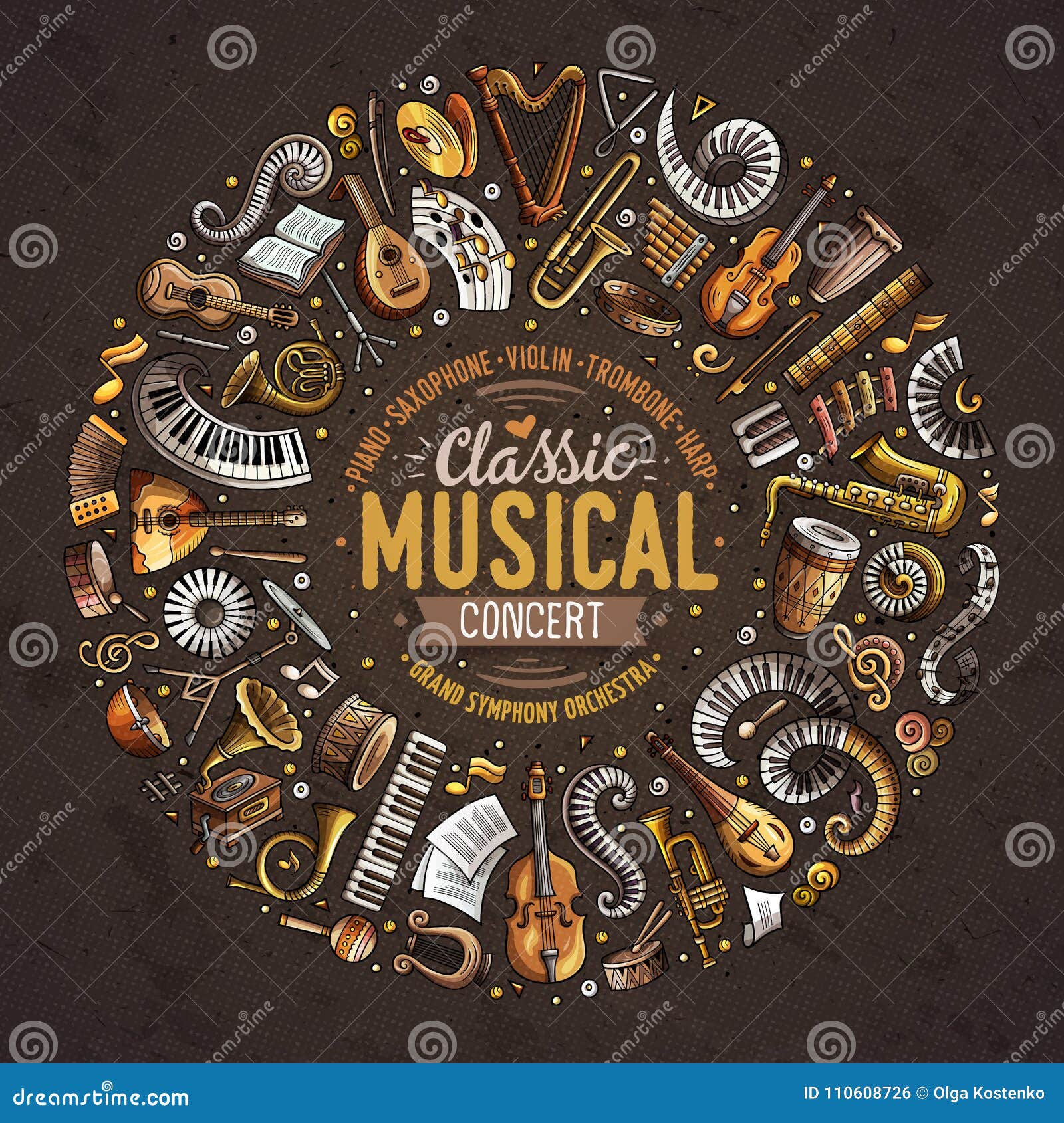 Set of Vector Cartoon Doodle Classic Musical Instruments and Objects ...