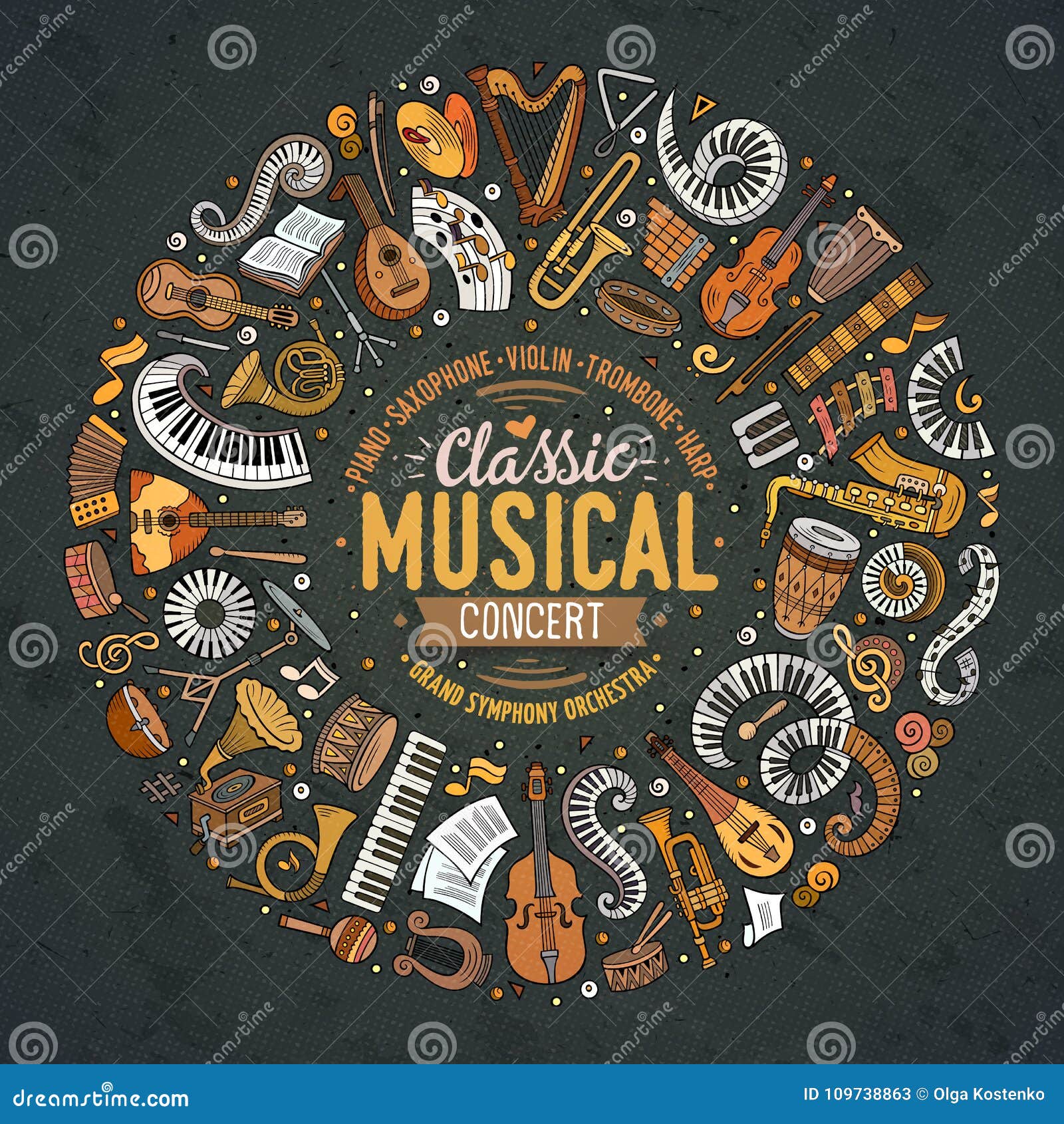 Set of Vector Cartoon Doodle Classic Musical Instruments and Objects ...