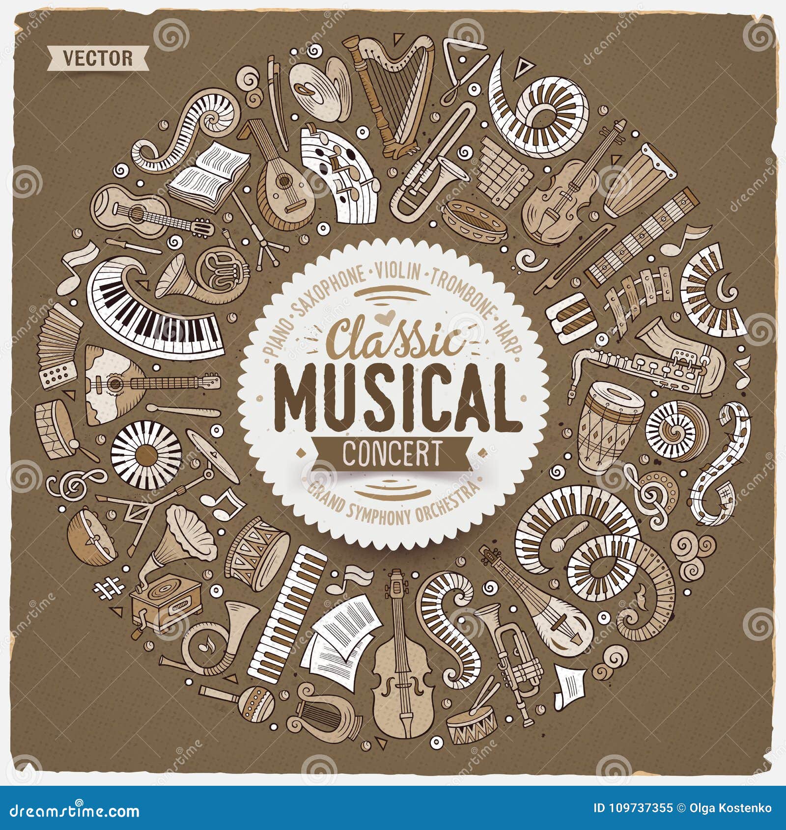 Set of Vector Cartoon Doodle Classic Musical Instruments and Objects ...