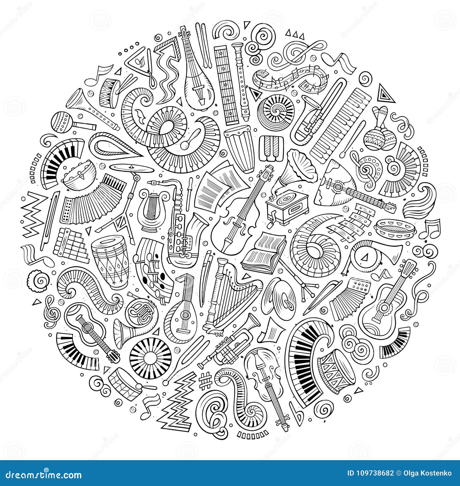 Set of Vector Cartoon Doodle Classic Musical Instruments and Objects ...