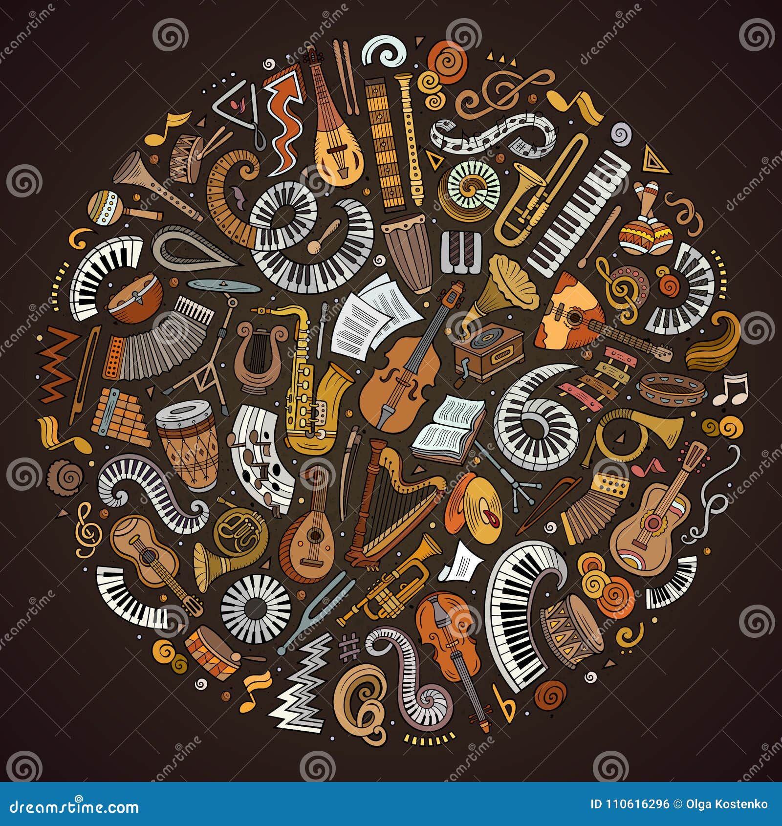 Set of Vector Cartoon Doodle Classic Musical Instruments and Objects ...