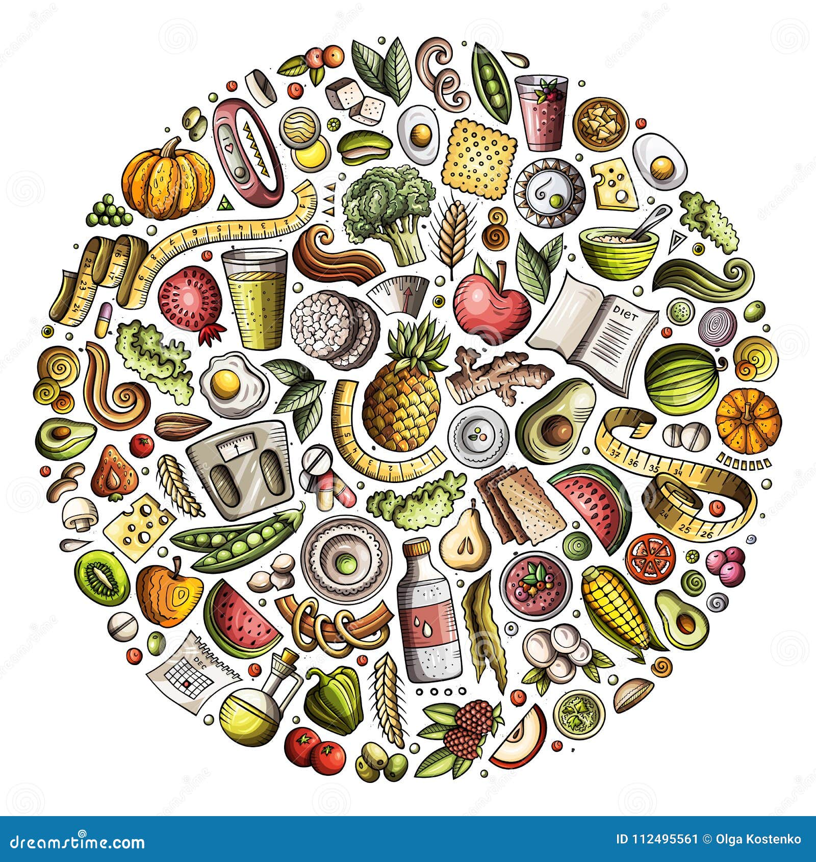 Set of Vector Cartoon Doodle Diet Food Objects Collected in a Circle ...