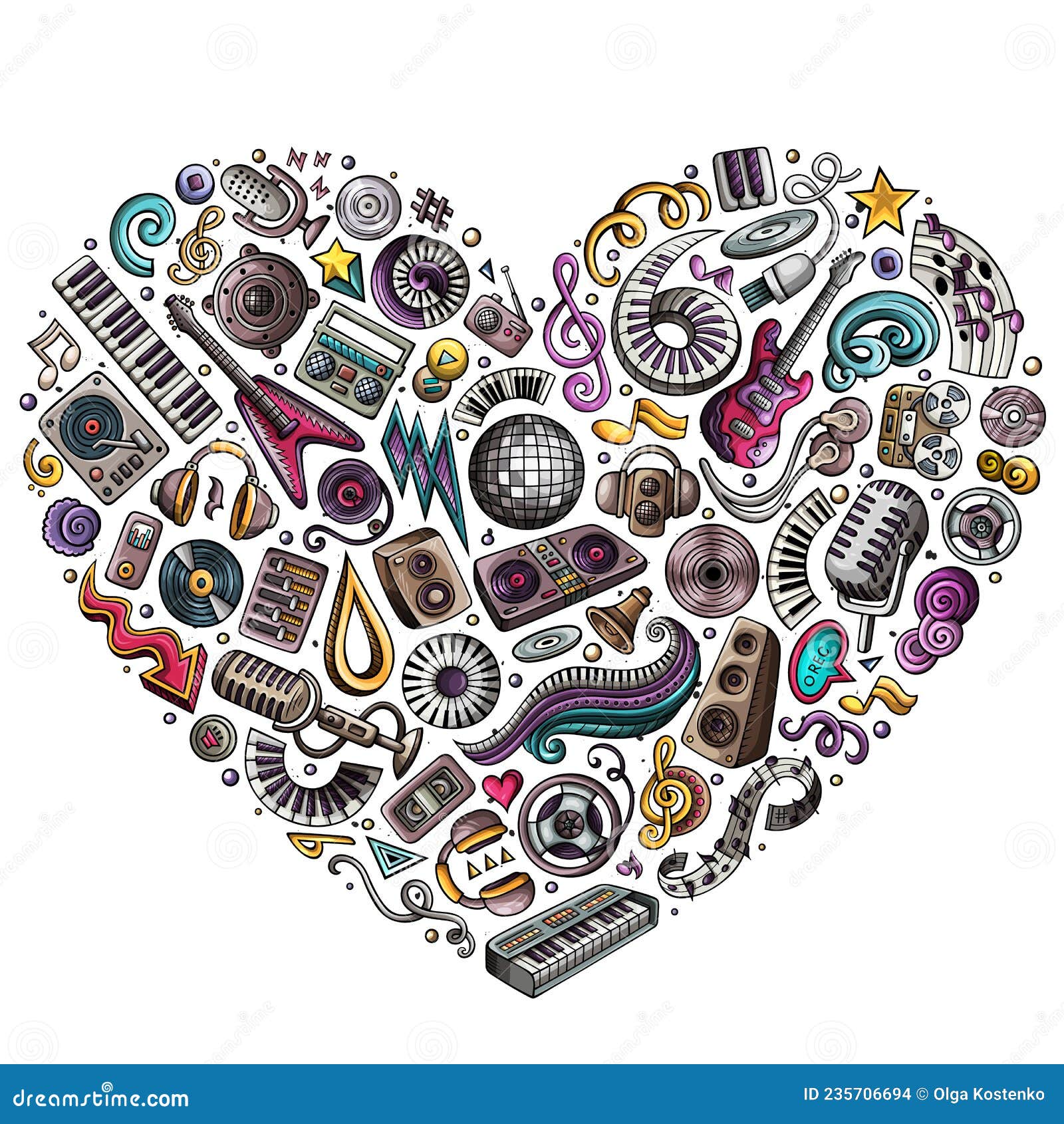 Set of Vector Cartoon Doodle Musical Objects Collected in a Heart Stock ...