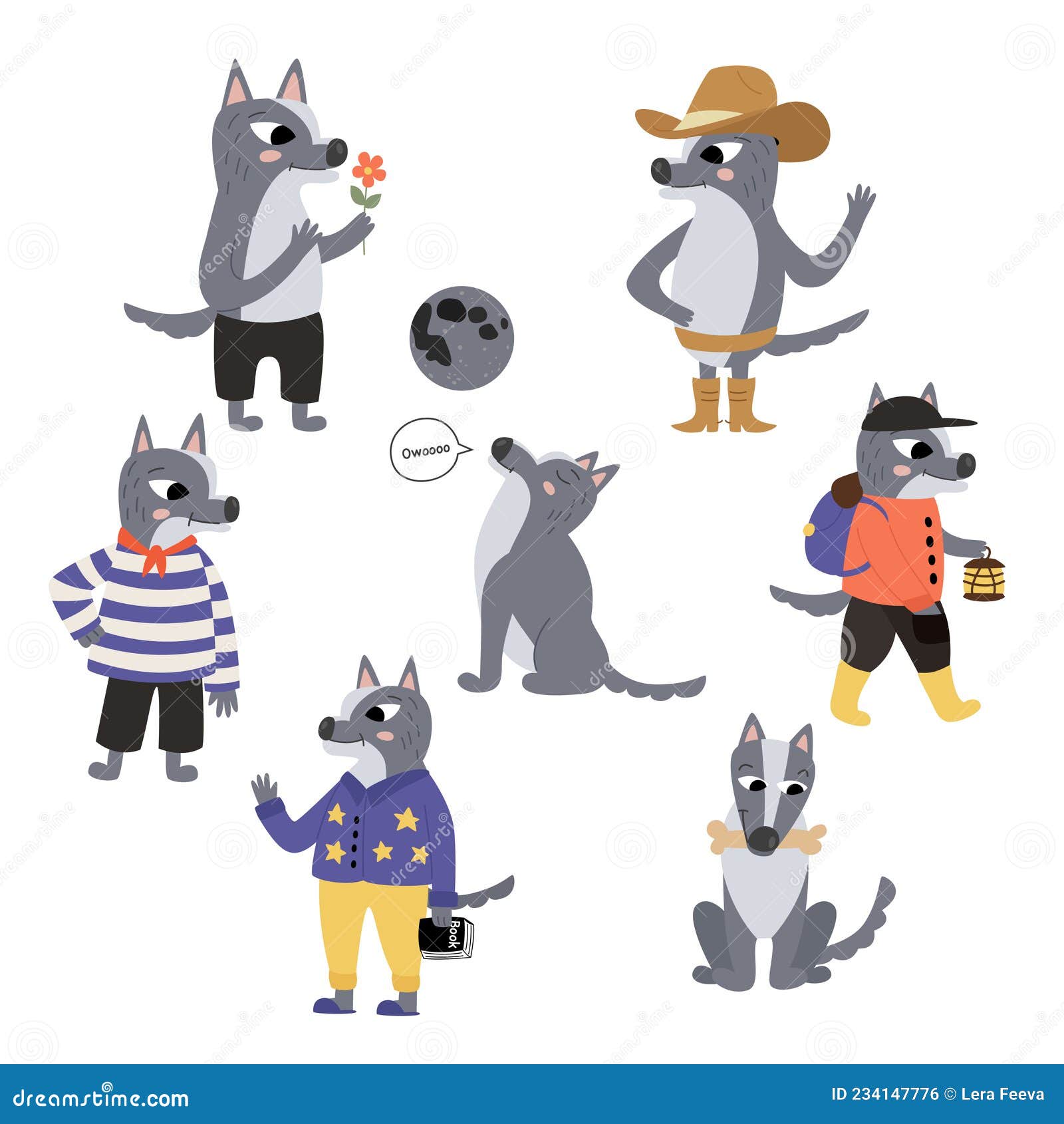 Wolf Poses Set, Cute Wild Animal Characters Standing In Different ...