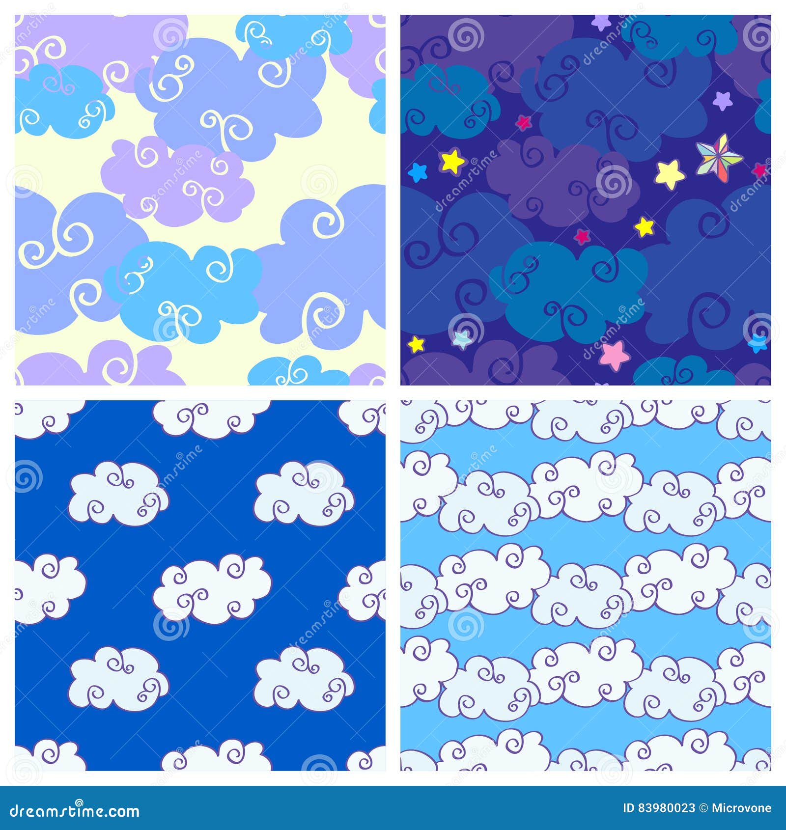 Set of Vector Cartoon Hand Drawn Clouds Seamless Patterns Stock Vector ...