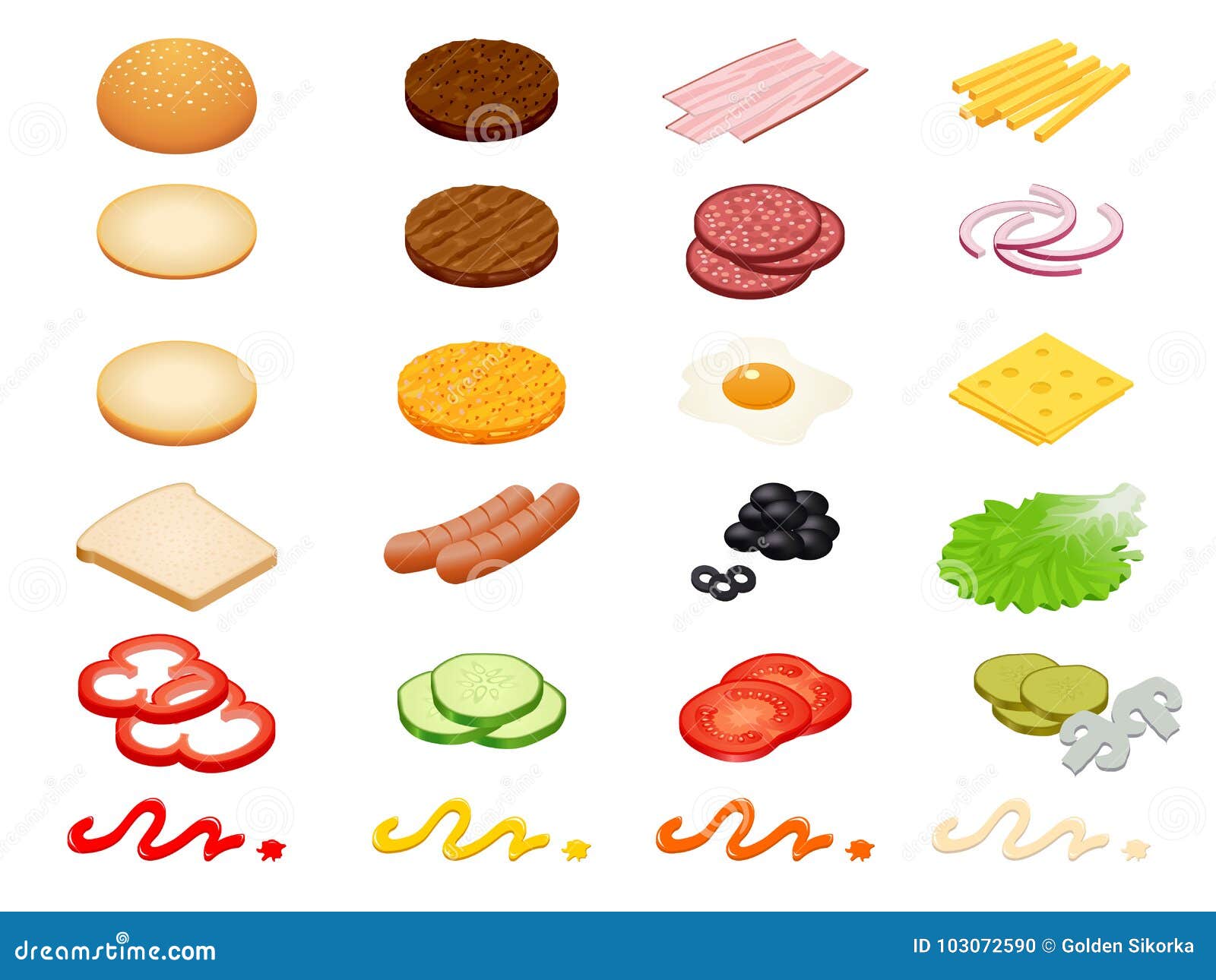 Set Vector Constructor Isometric Burger Ingredients And Burger Buns ...