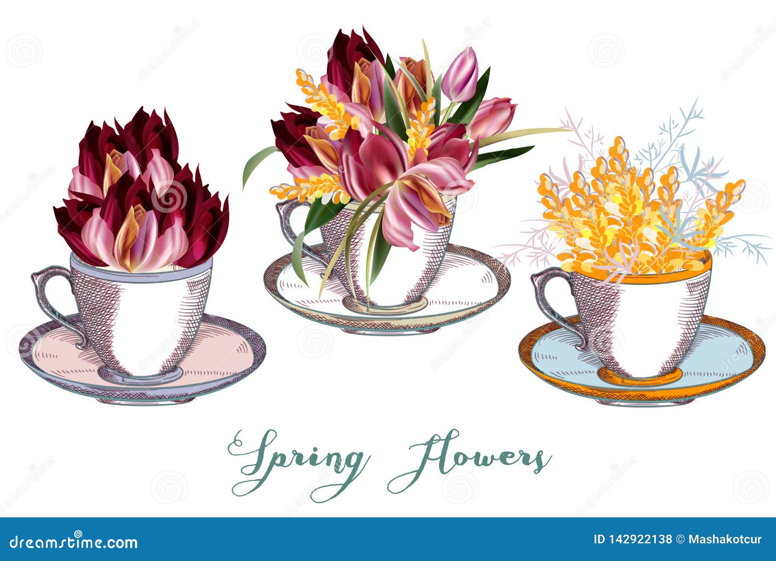 Set of Vector Cups with Flowers Stock Vector - Illustration of ...