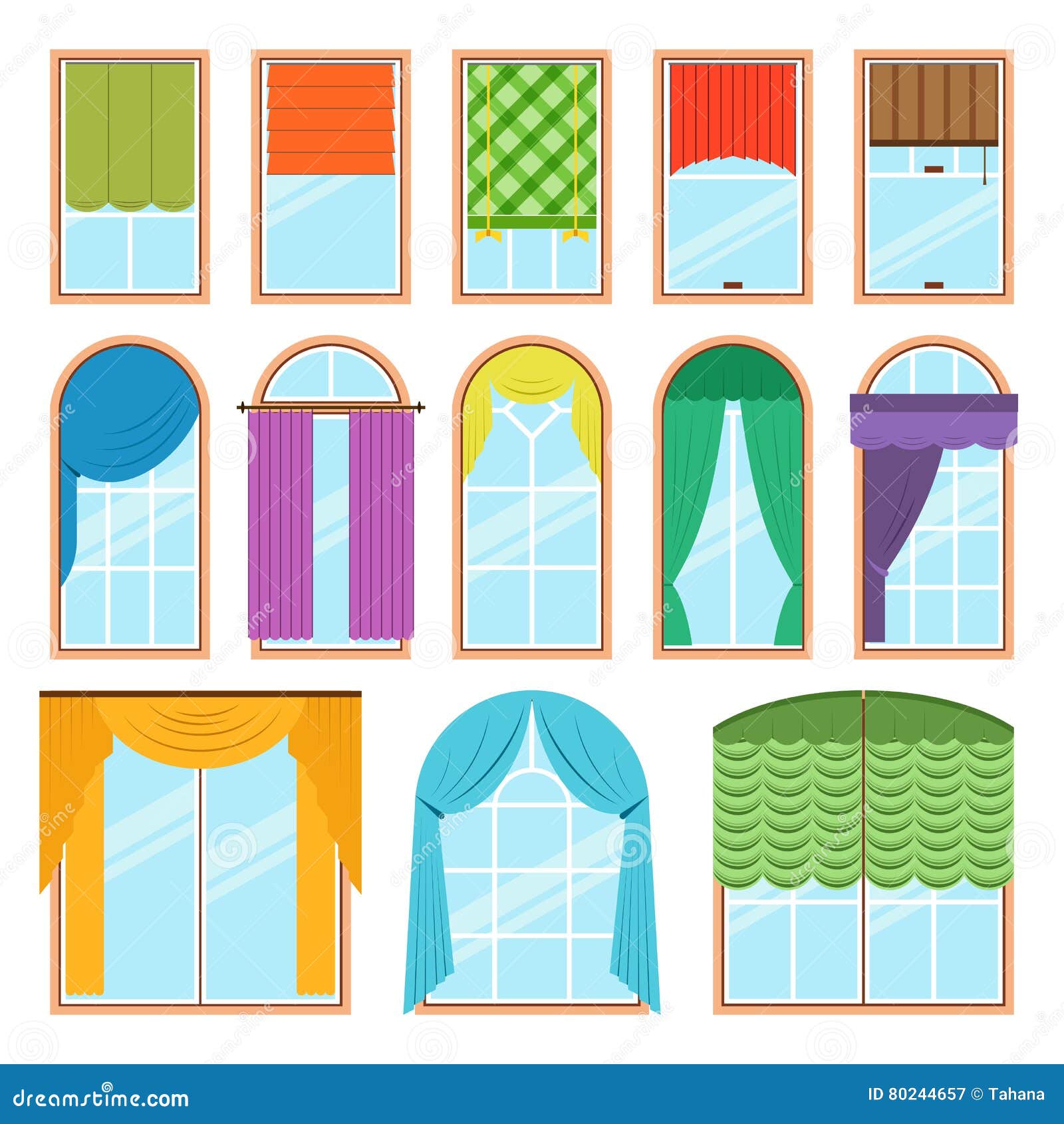 Set of Vector Curtains Different Forms in Flat Style. Waving Hanging ...