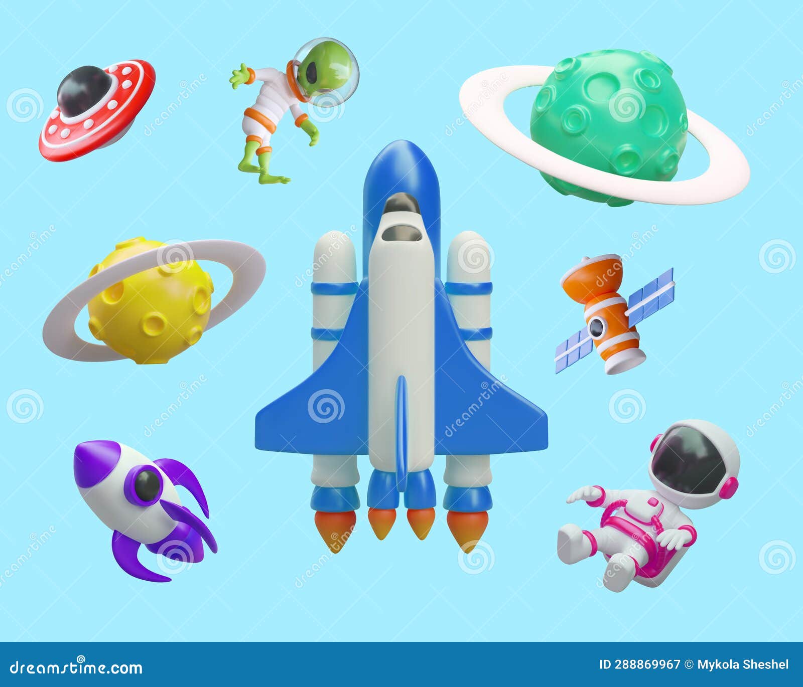 Set of Vector 3D Space Objects. Rocket, Shuttle, Satellite, Flying Disc Stock Vector ...