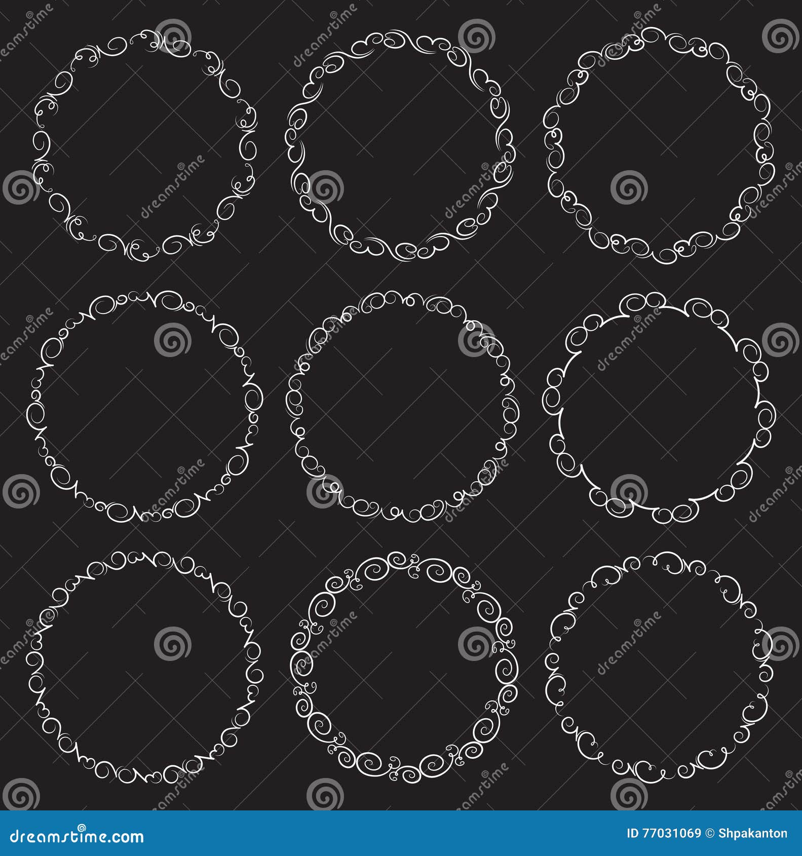 Set of 9 Vector Decorative Round Frames on Black Background Stock ...