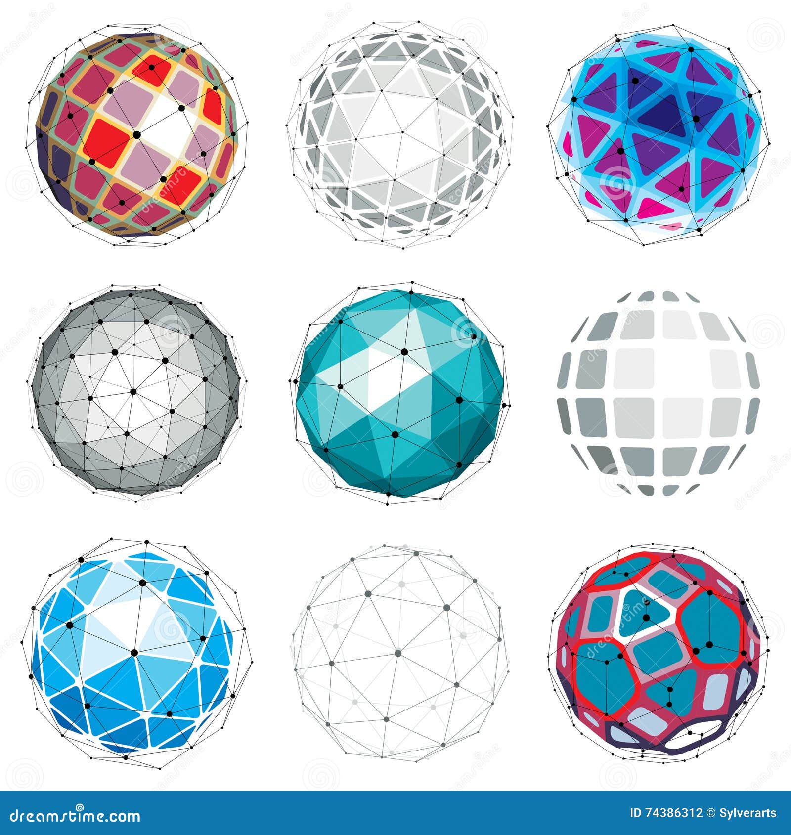 Set of Vector Dimensional Wireframe Low Poly Objects, Spherical Stock ...