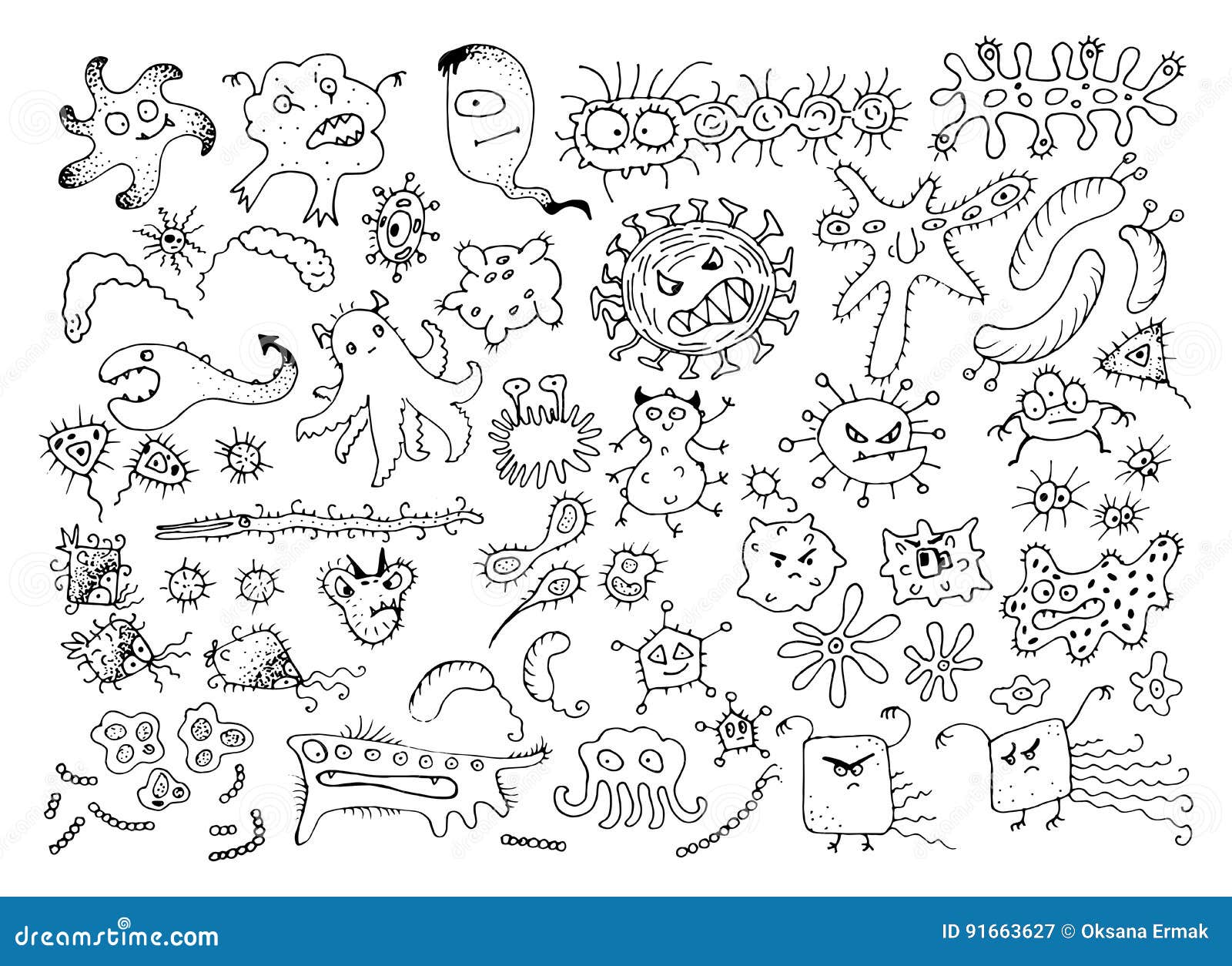Set of Vector Doodle Bacteria Germs or Cartoon Monsters. Hand Drawn ...