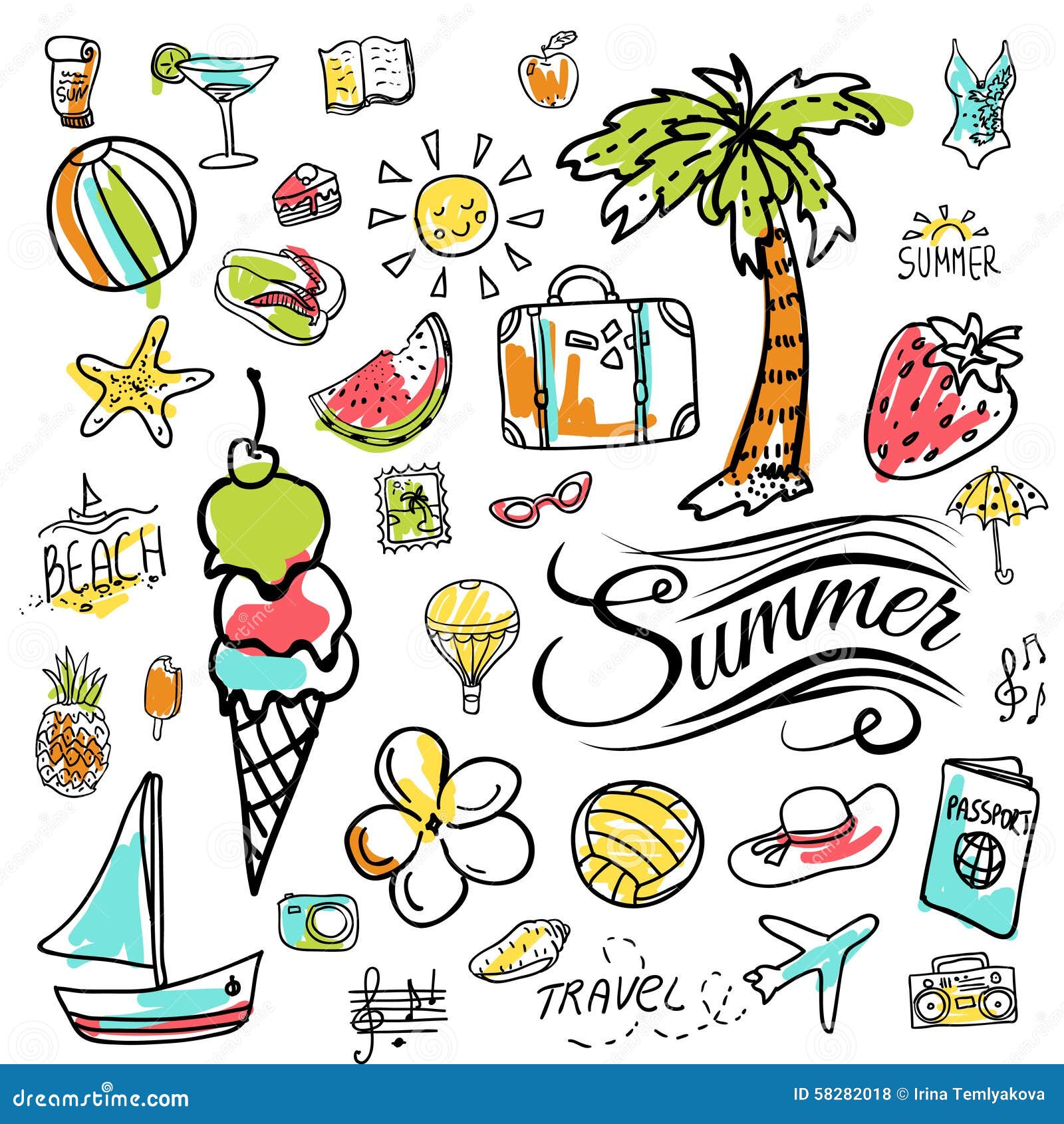 Set of Vector Doodle Summer Icons Stock Vector - Illustration of ball ...