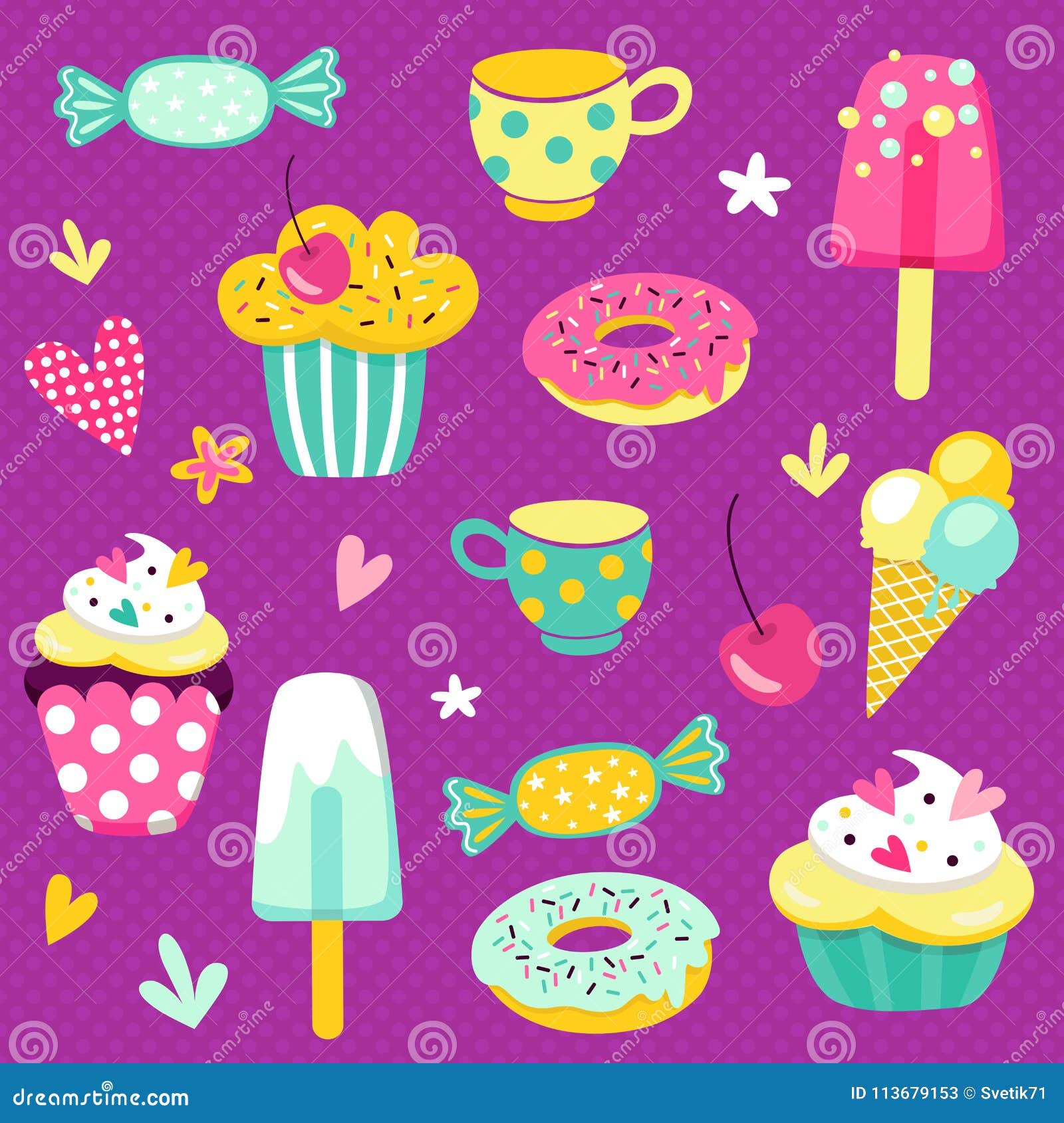 Set of Vector Drawings of Sweets and Decorative Elements Stock Vector ...