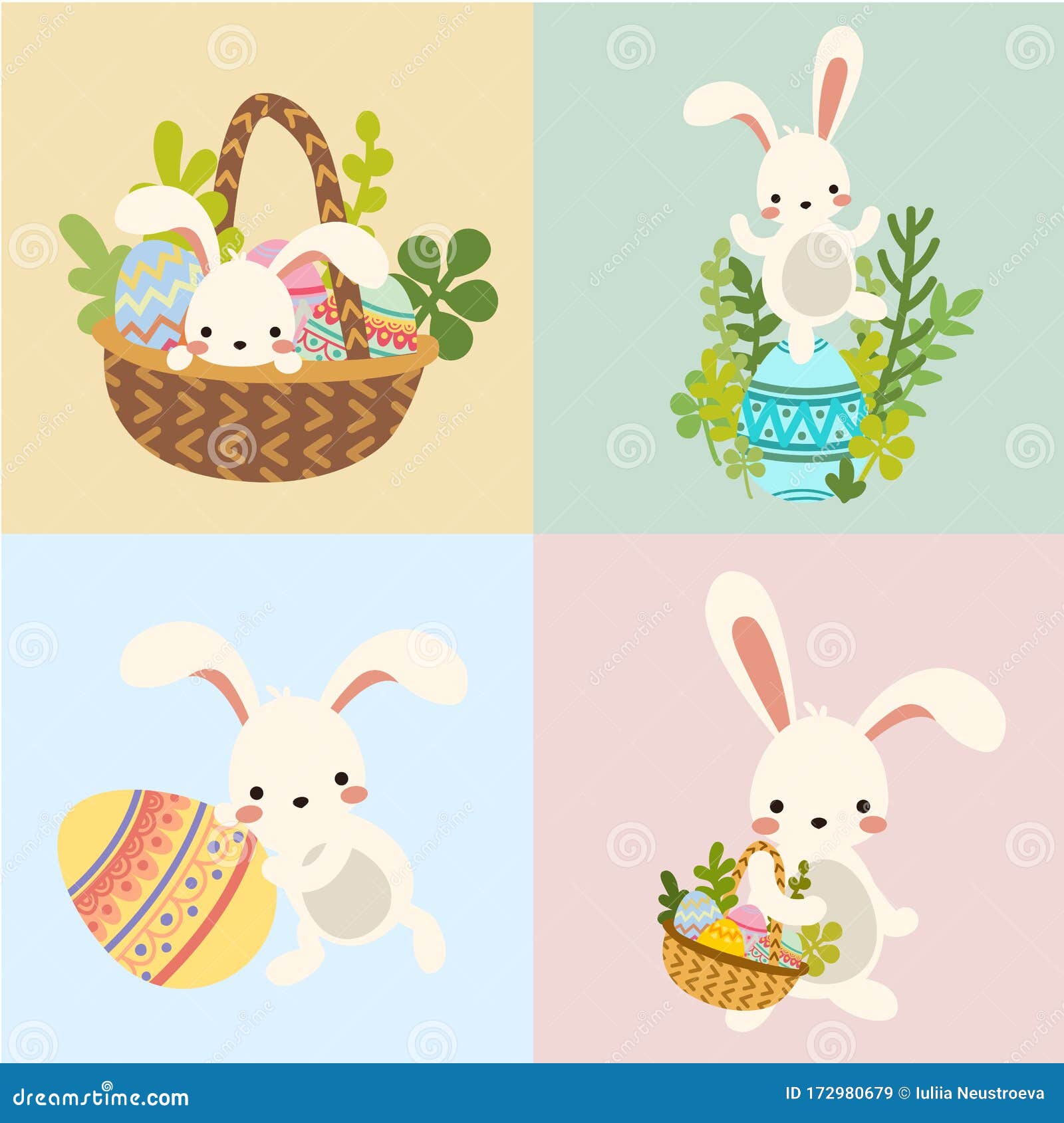 Set of Vector Easter Bunny with Eggs, Flowers Stock Vector ...
