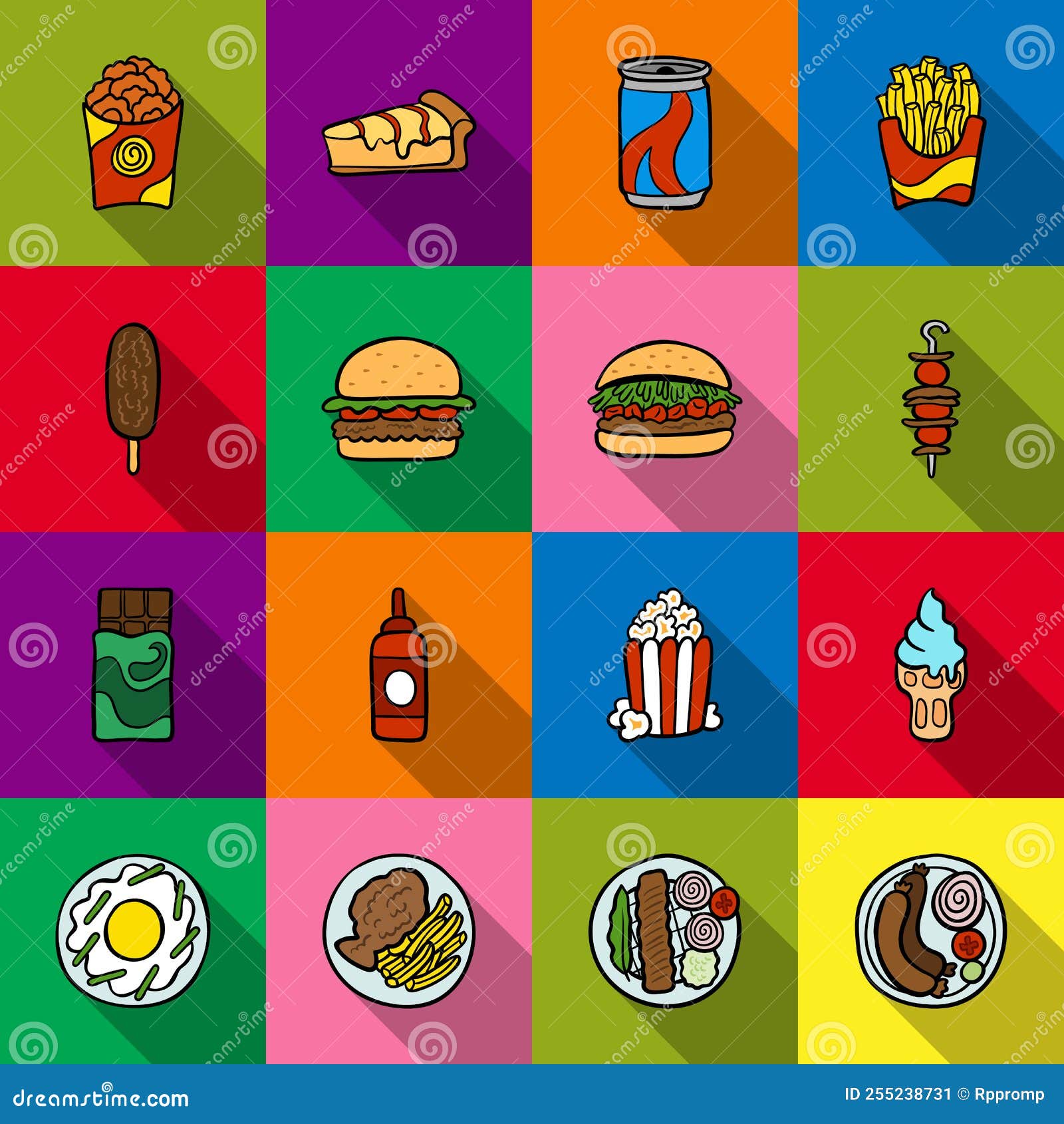 Set of Vector Fast Food Icons in Bright Square Flat Dice with Long ...