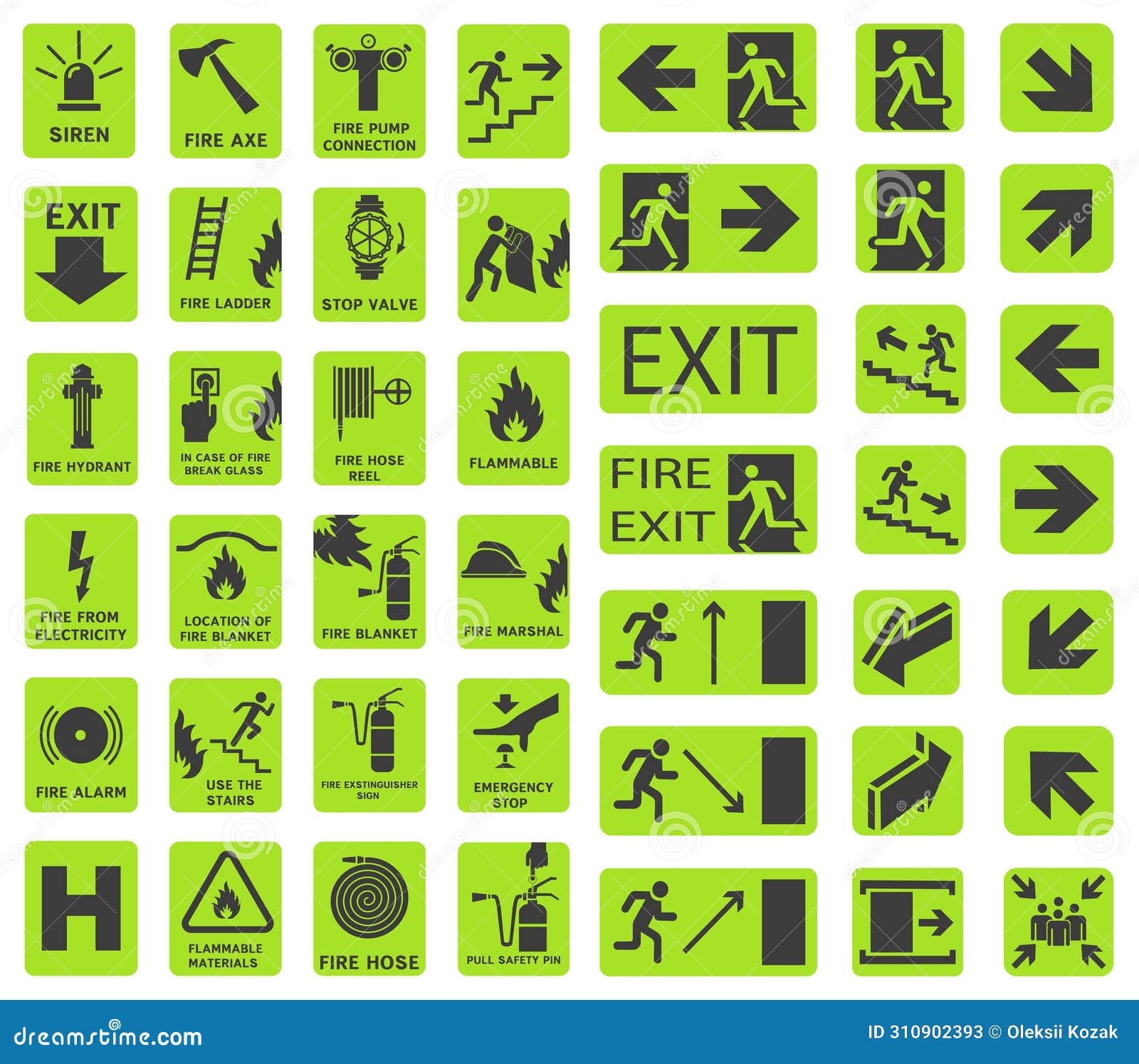 Set of Vector Fire Symbols, Emergency Exit Sign. Fire Signs Stock ...