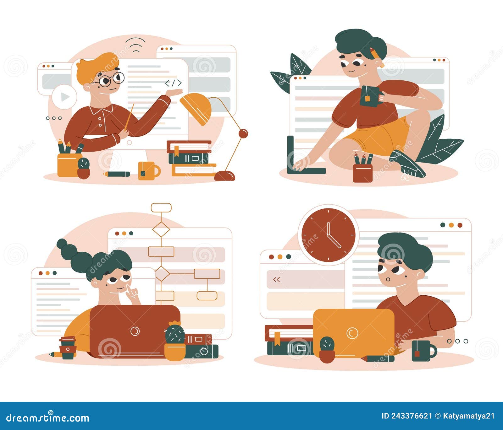 Set Vector Flat Cartoon Illustrations. Freelance Life. Online Learning ...