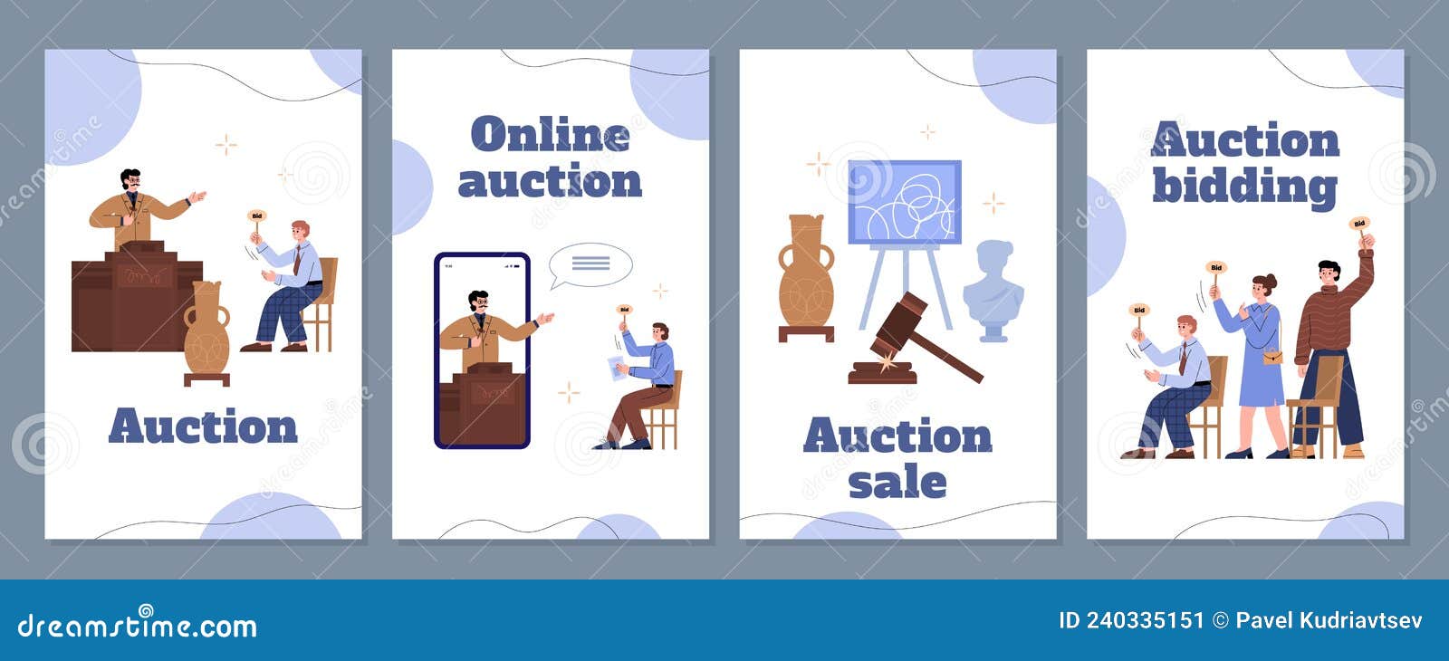 Set of Vector Flat Cartoon Illustrations for Landing Page about Auction ...