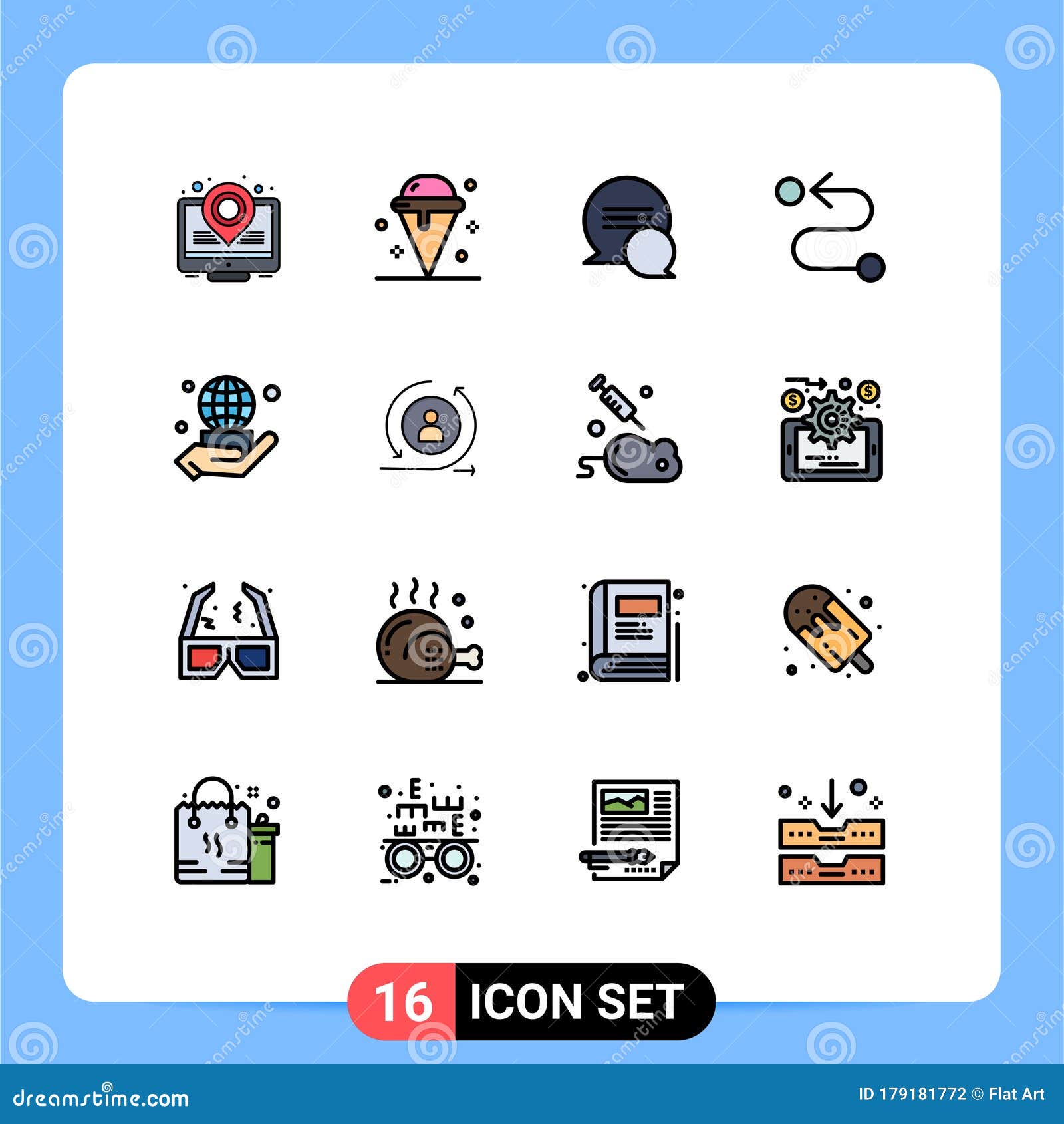 Set of 16 Vector Flat Color Filled Lines on Grid for Network, World ...