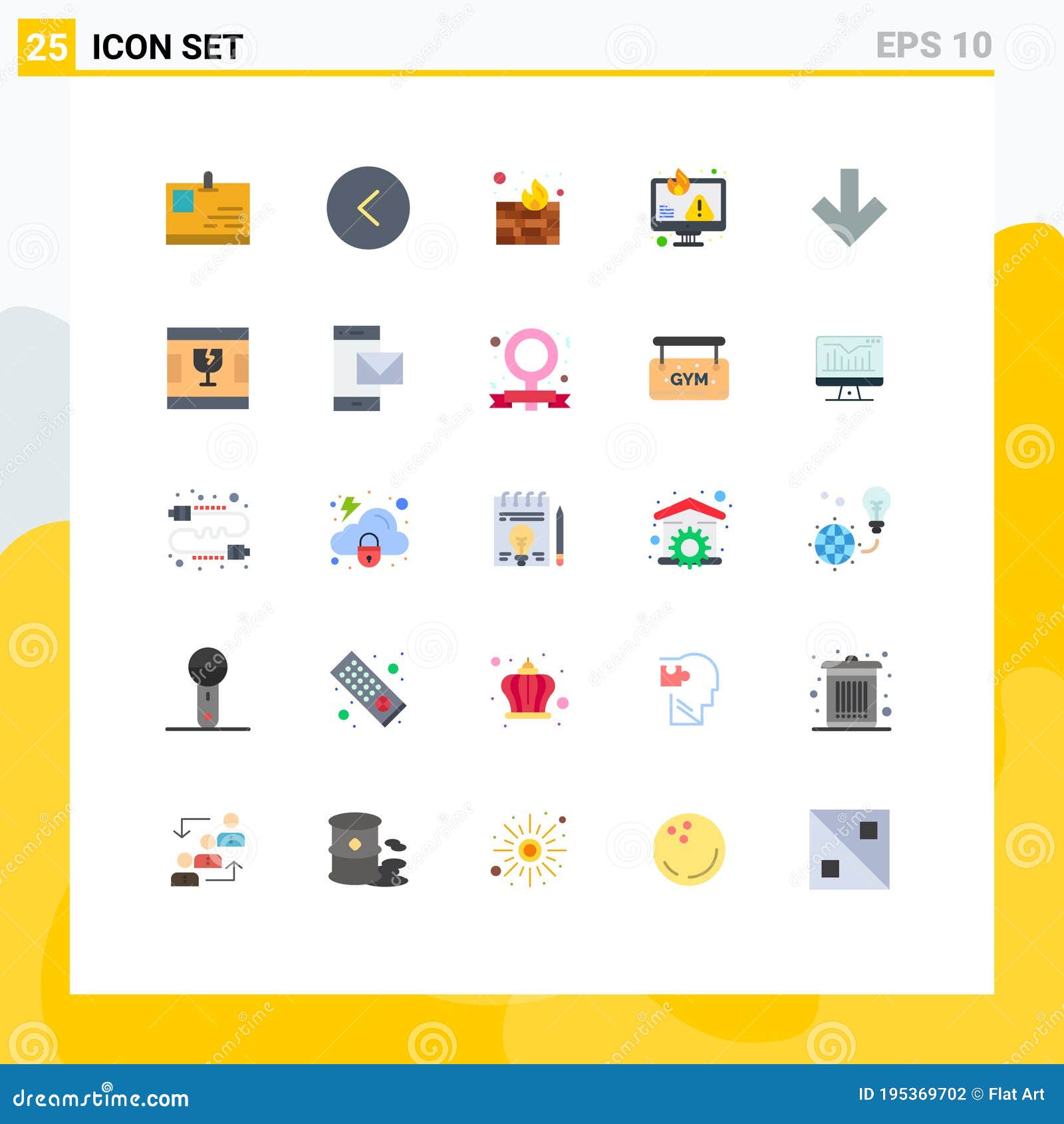 Set of 25 Vector Flat Colors on Grid for Back, Arrow, Protection, Fire ...