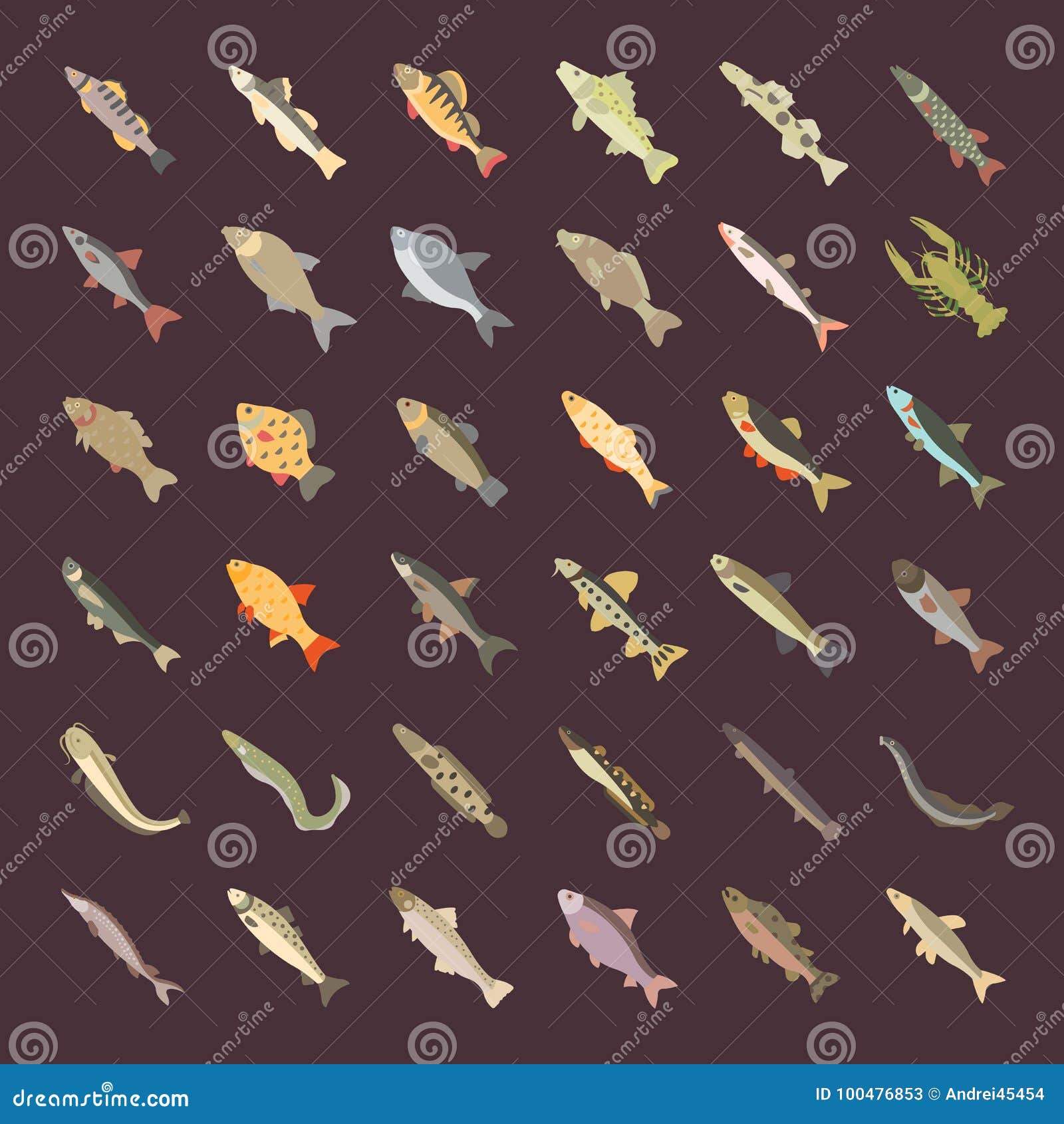 Set Vector Flat Icons of Freshwater Fish Stock Illustration ...