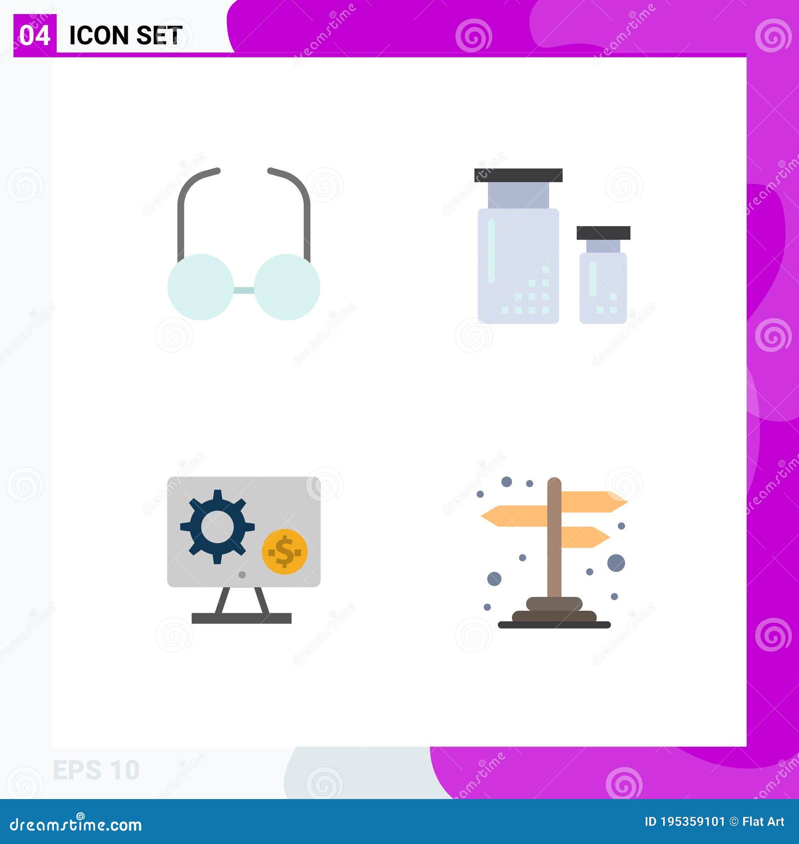 Set of 4 Vector Flat Icons on Grid for Glasses, Monitor, Coding ...