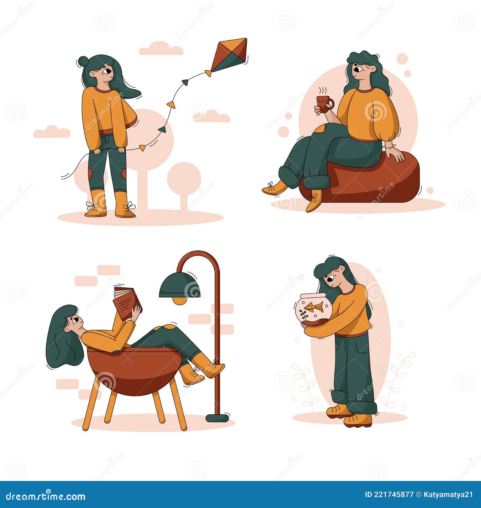 Set of Vector Flat Illustrations. the Girls are Resting, Doing Hobbies ...