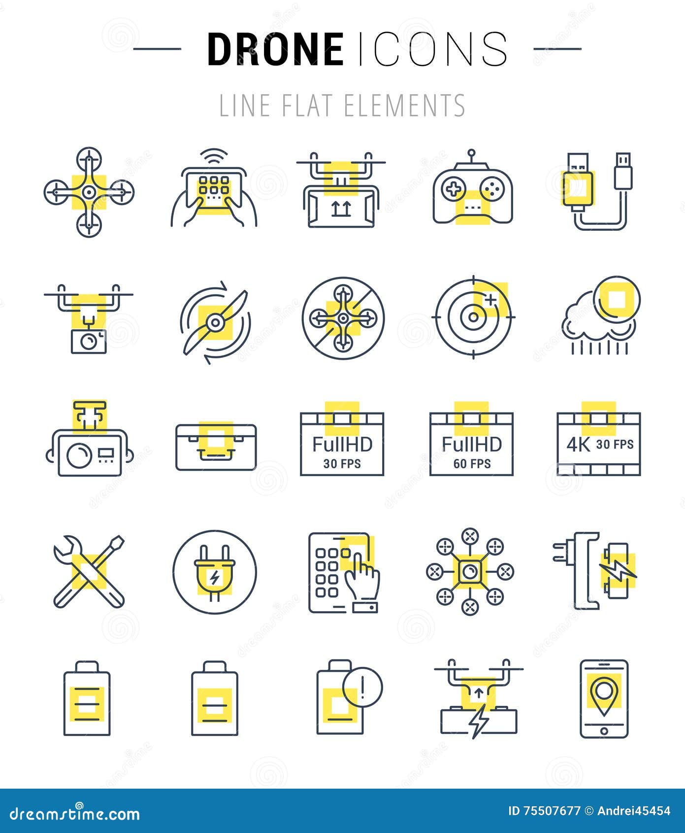 Set Vector Flat Line Icons Drones Stock Illustration - Illustration of ...