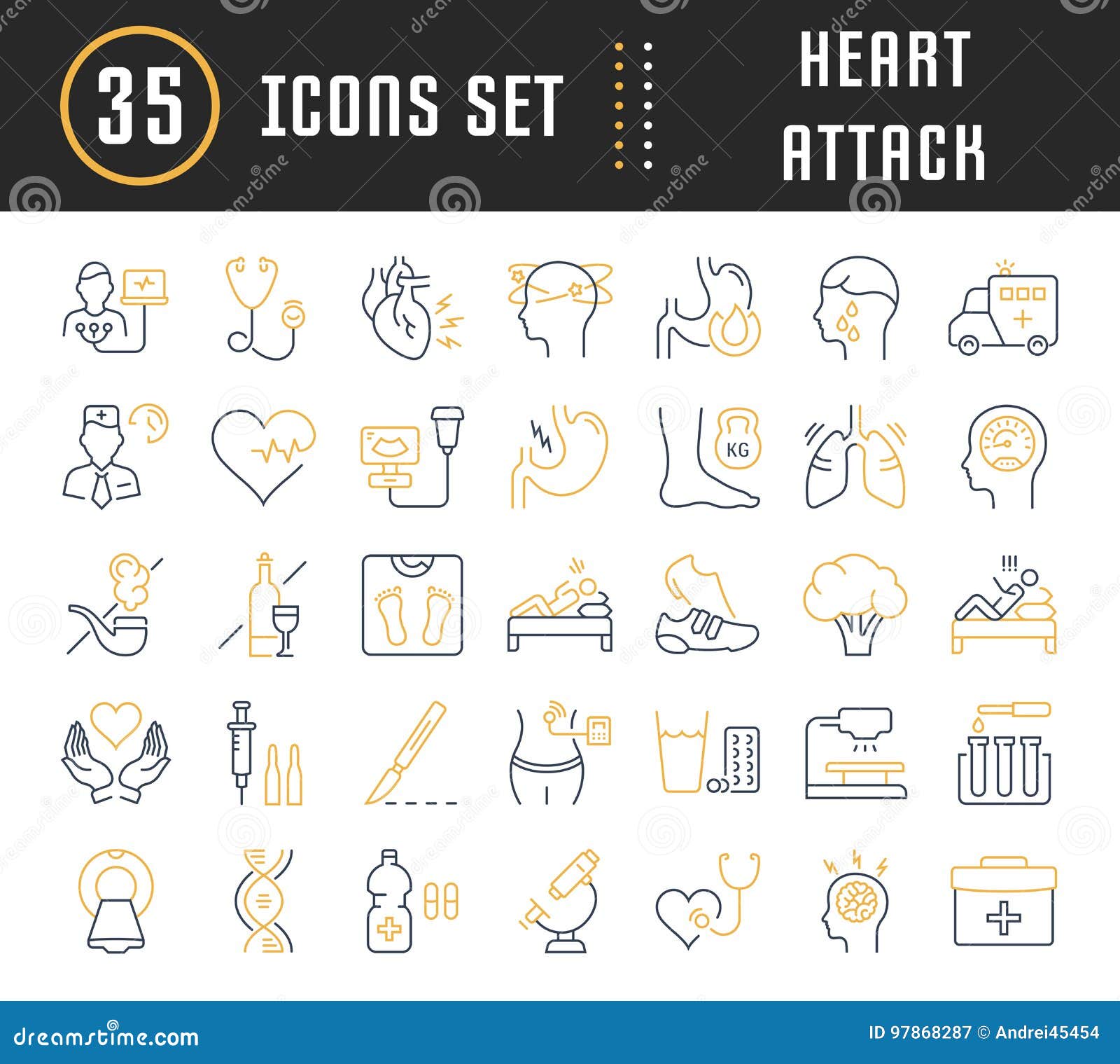 Set Vector Flat Line Icons Heart Attack Stock Illustration ...