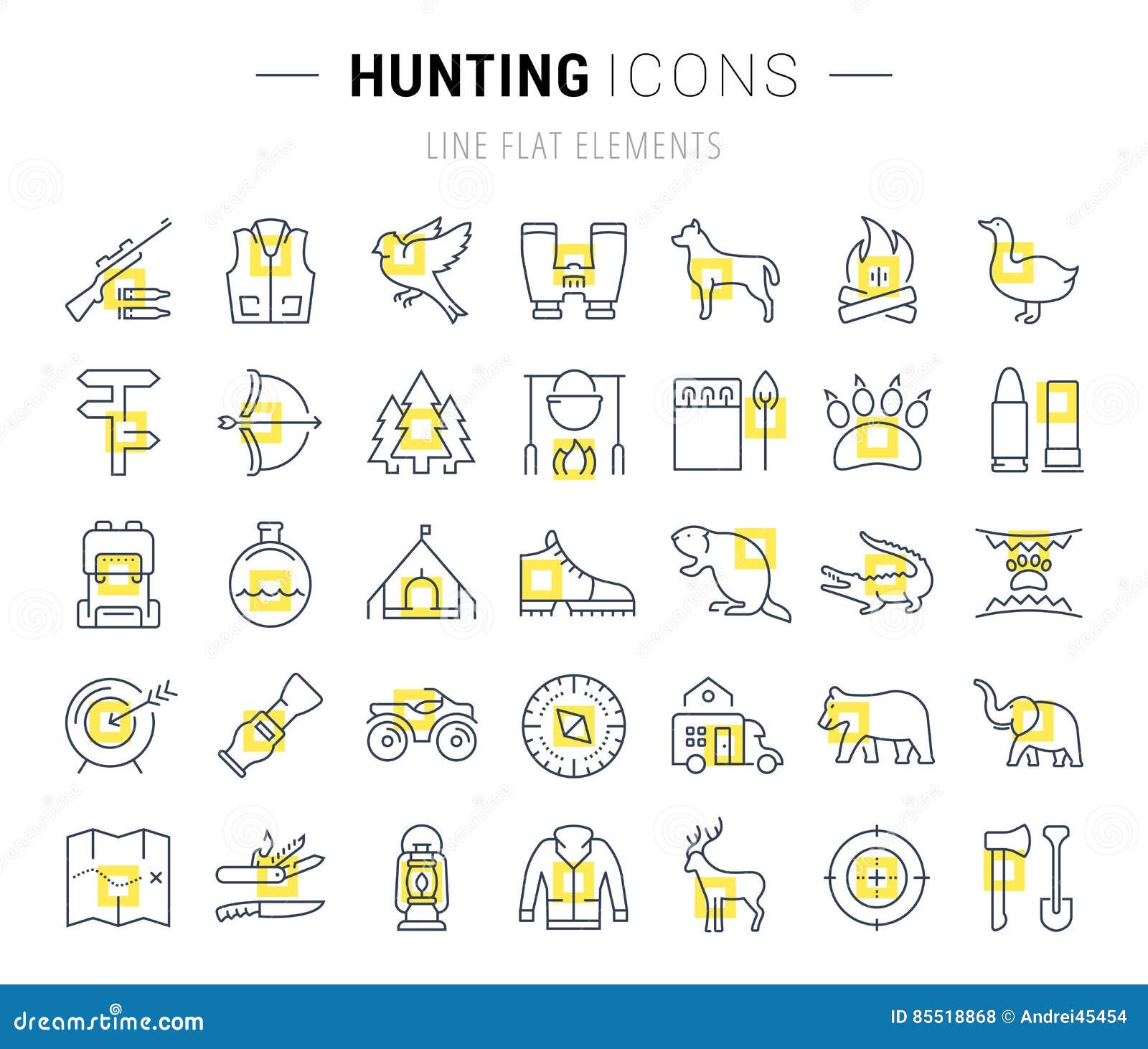 Set Vector Flat Line Icons Hunting Stock Illustration - Illustration of ...
