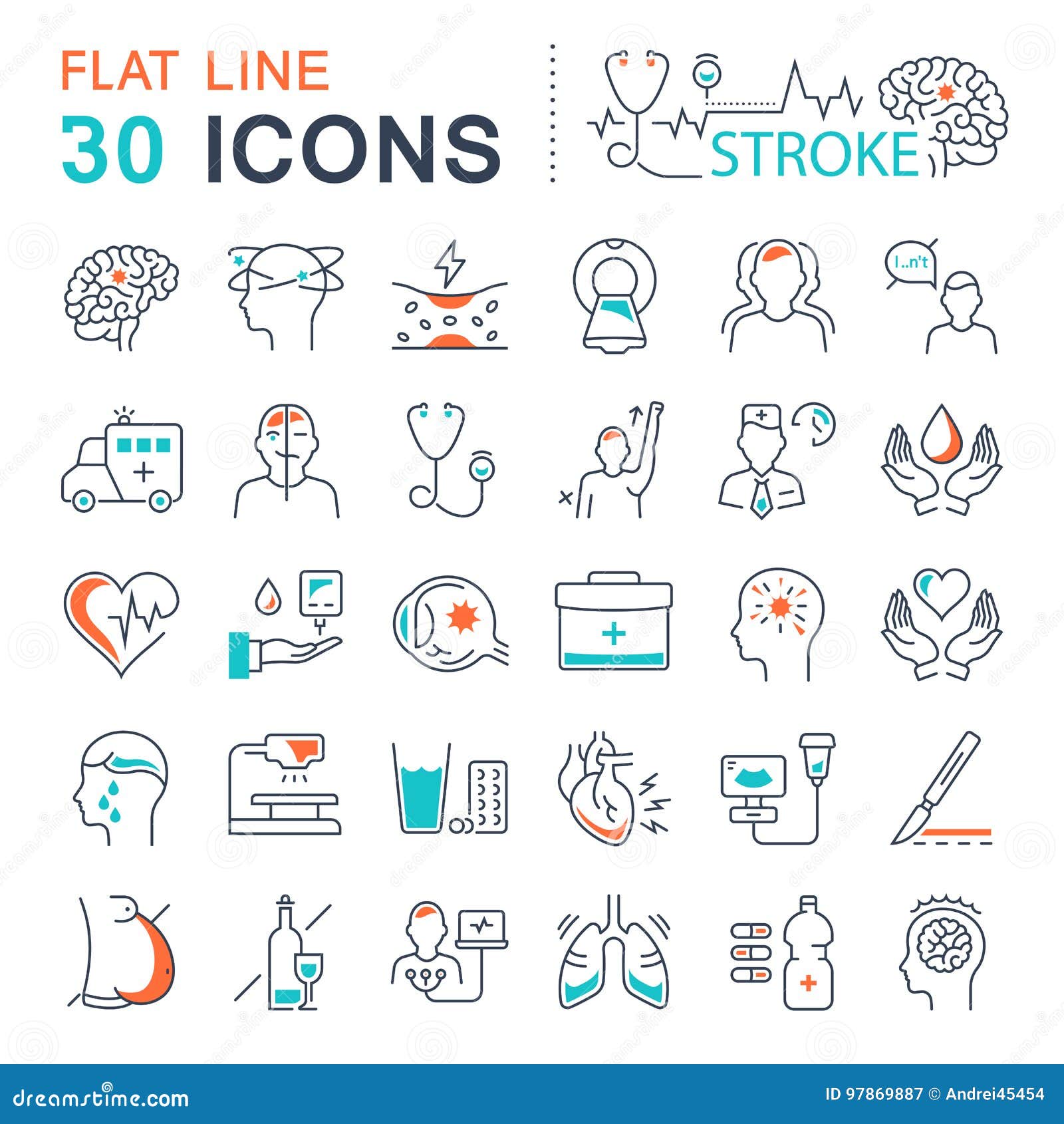 Set Vector Flat Line Icons of Stroke Stock Illustration - Illustration ...