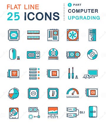 Set Vector Flat Line Icons Upgrading Computer Stock Illustration ...