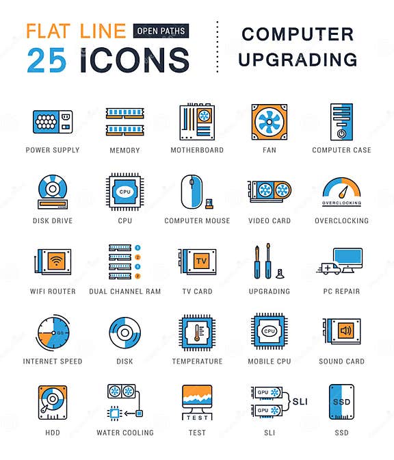 Set Vector Flat Line Icons Upgrading Computer Stock Illustration - Illustration of graphic ...