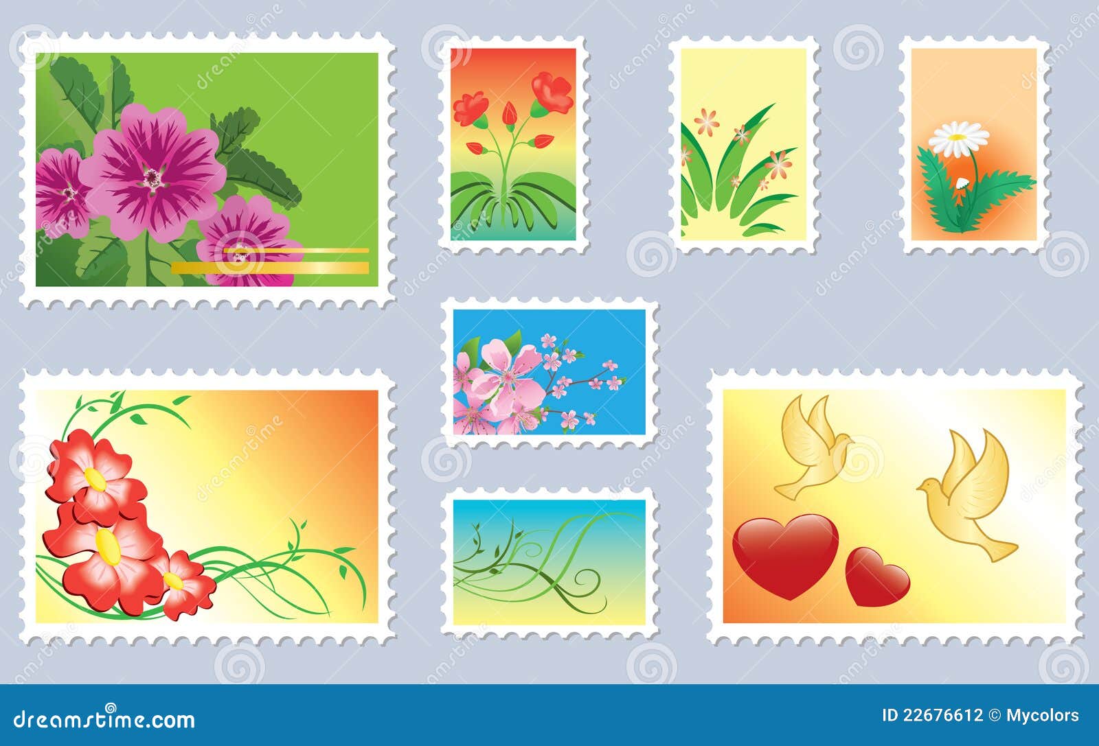 Set of Vector Floral Postage Stamps Stock Vector - Illustration of dove ...