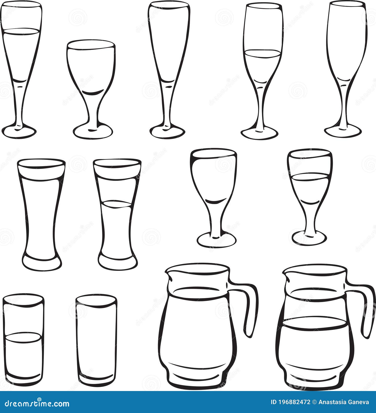 Set of Vector Glasses with Different Shapes. Black and White Glassware ...