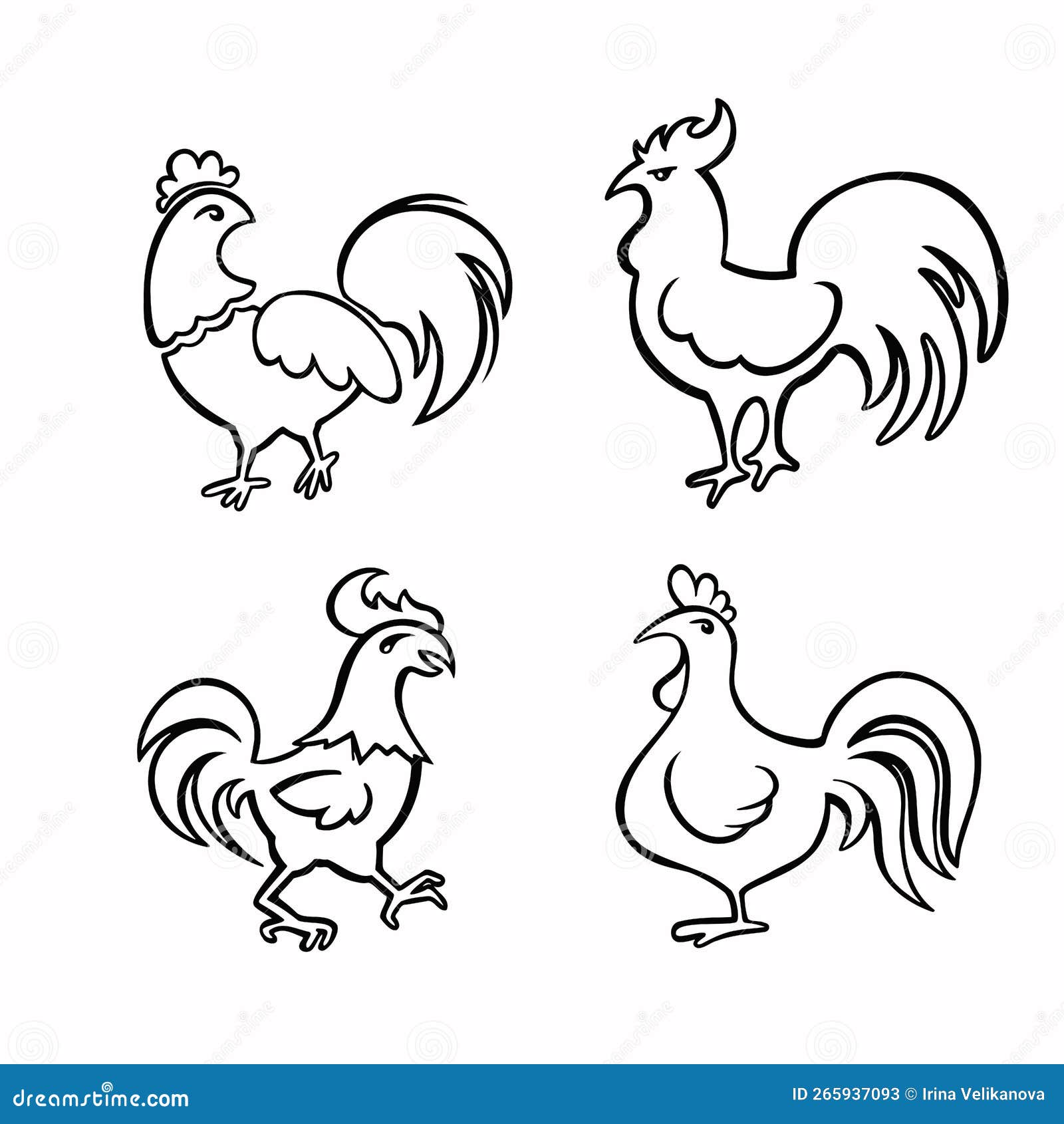 Set Vector Graphic Illustrations of Linear Roosters, Hens Stock Vector ...