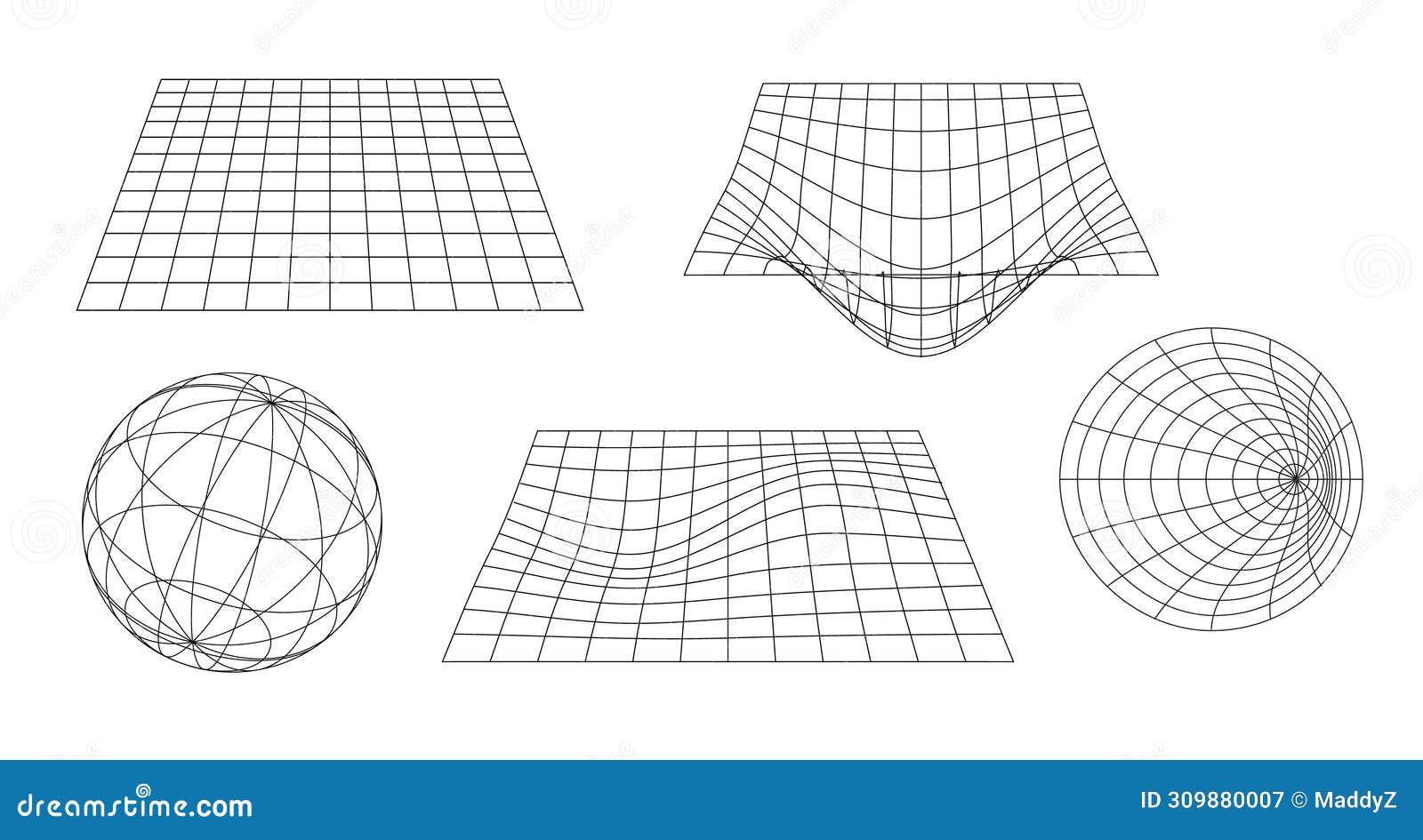 Set of Vector Grids, Y2k Design Elements. Plane, Sphere, Funnel Stock ...