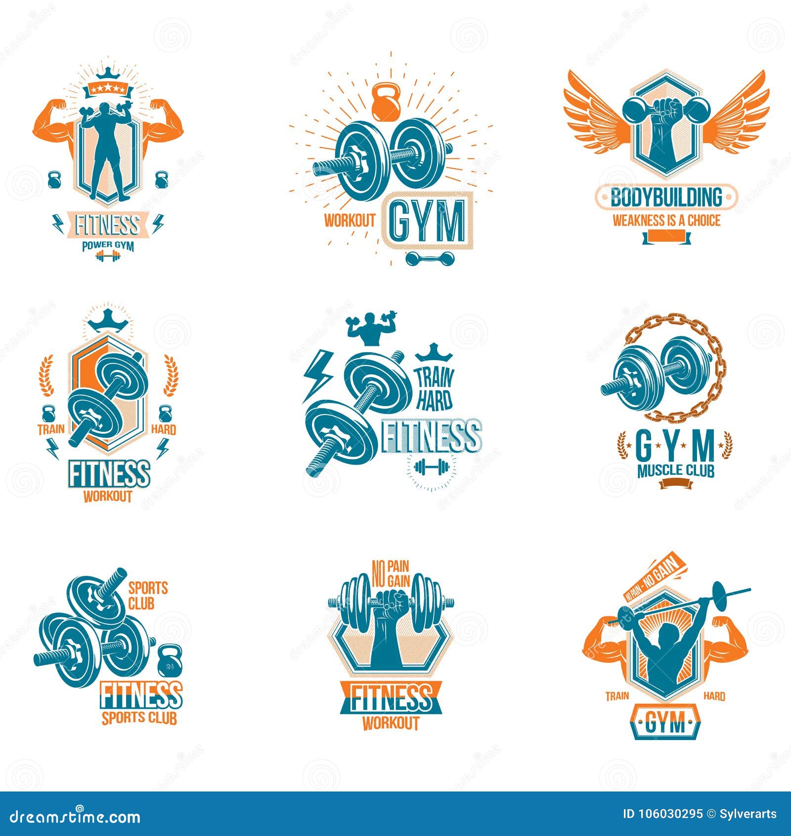 Set of Vector Gym Theme Emblems and Motivational Banners Compose Stock ...