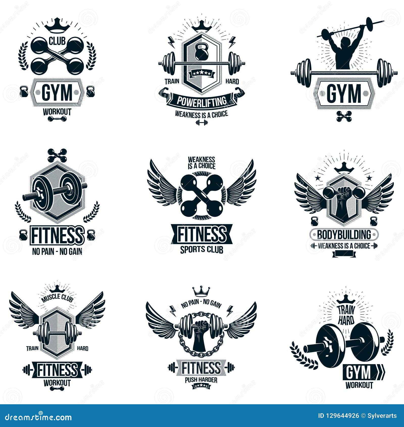Set of Vector Gym Theme Emblems and Motivational Banners Compose Stock ...