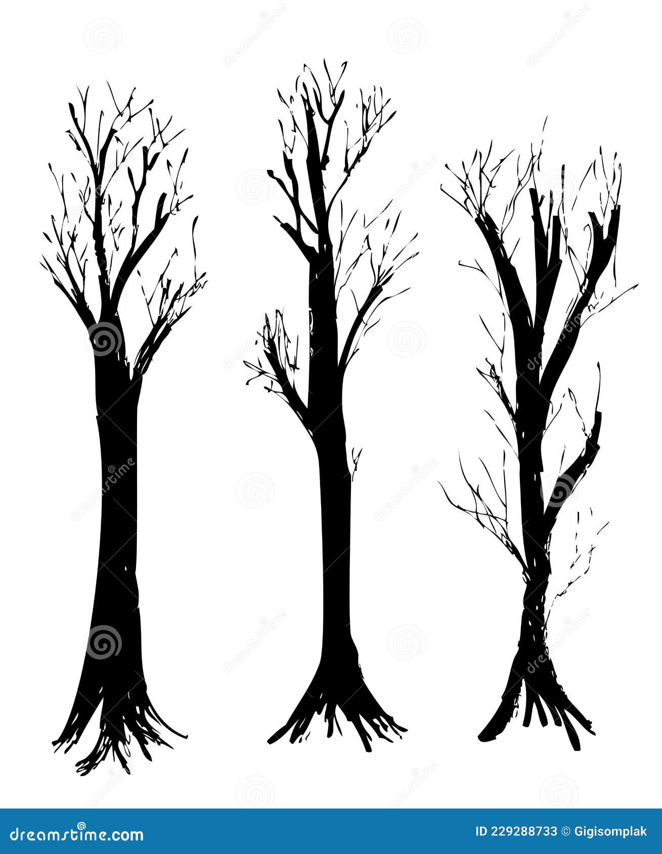 Simple Set 3 Vector Hand Draw Sketch, Silhouette Big Dead Tree Stock ...
