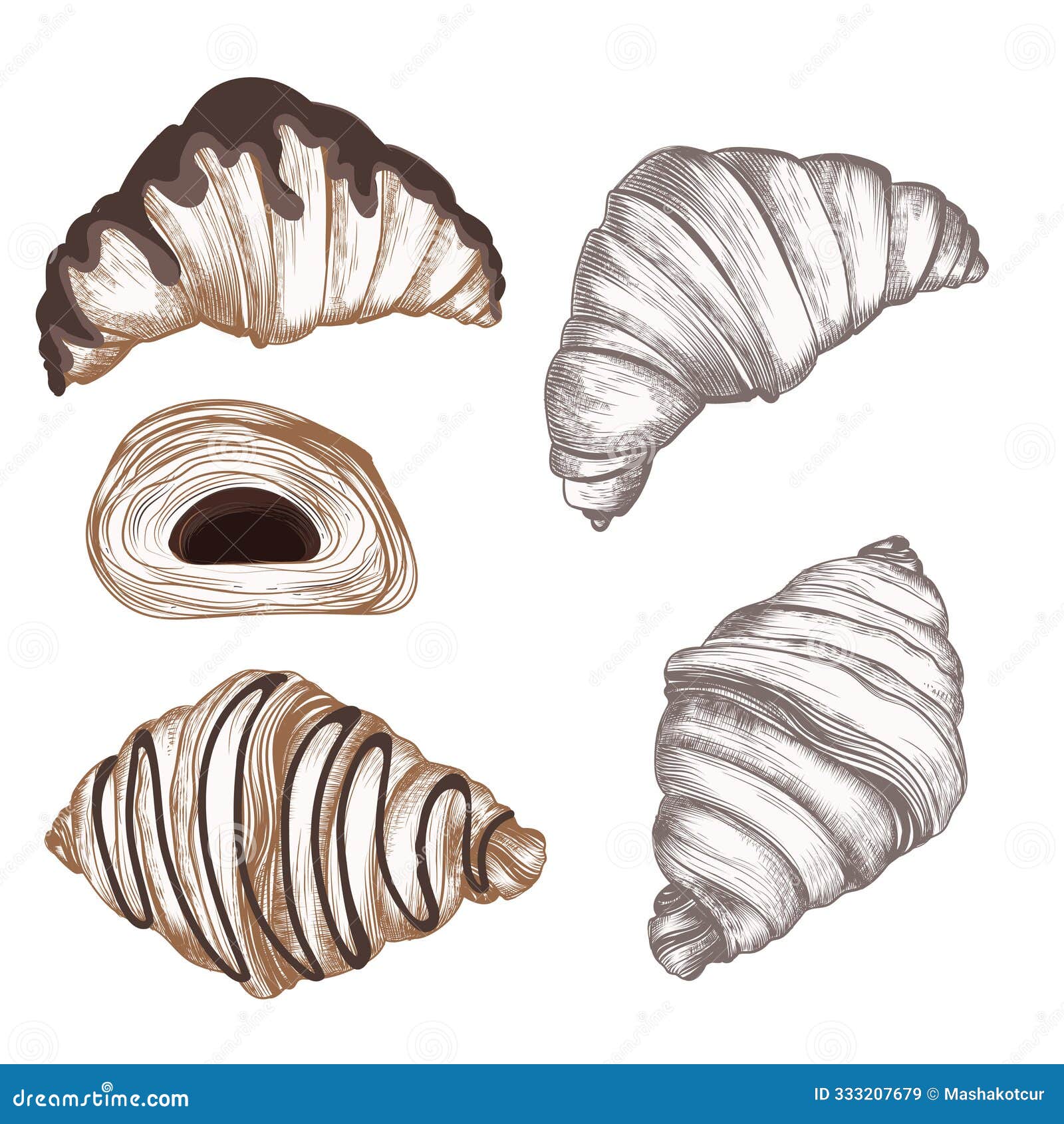 Set of Vector Hand Drawn French Croissants Isolated on White Stock ...