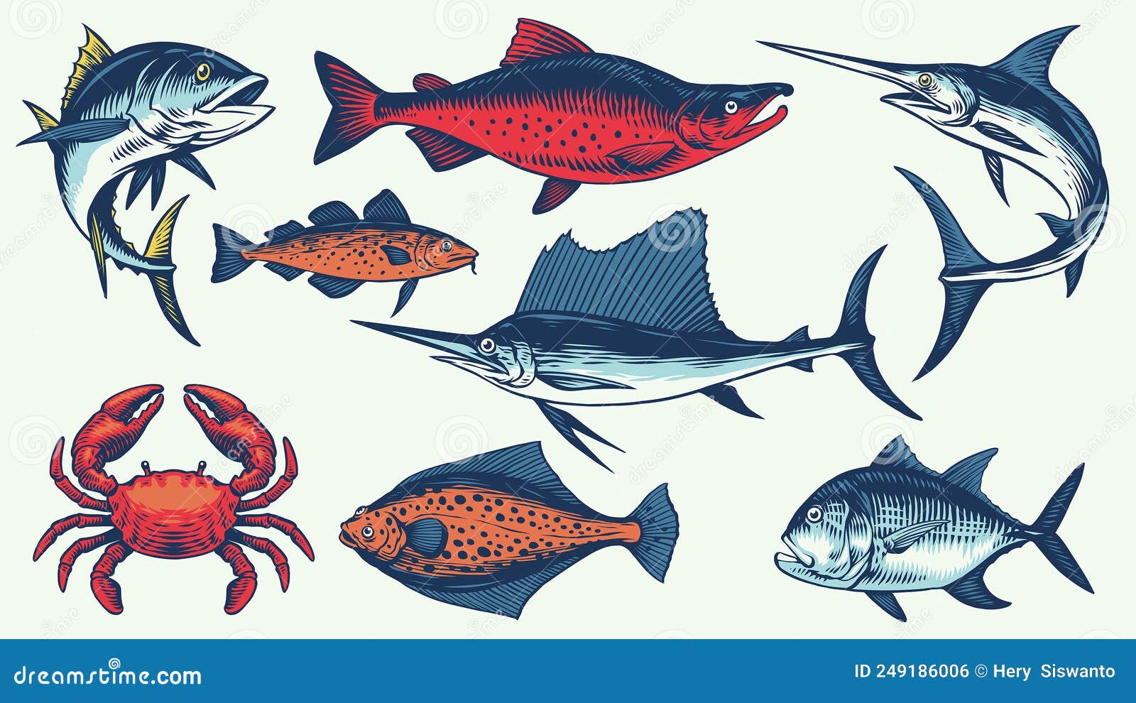 Set Vector Hand Drawn Vintage Fish Stock Vector - Illustration of brand ...